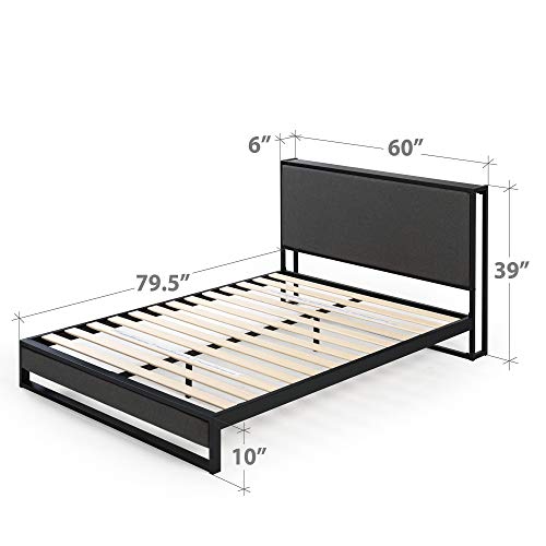 ZINUS Christina Upholstered Platform Bed Frame with Black Headboard Shelf / No Box Spring Needed / Wood Slat Support / Easy Assembly, Queen
