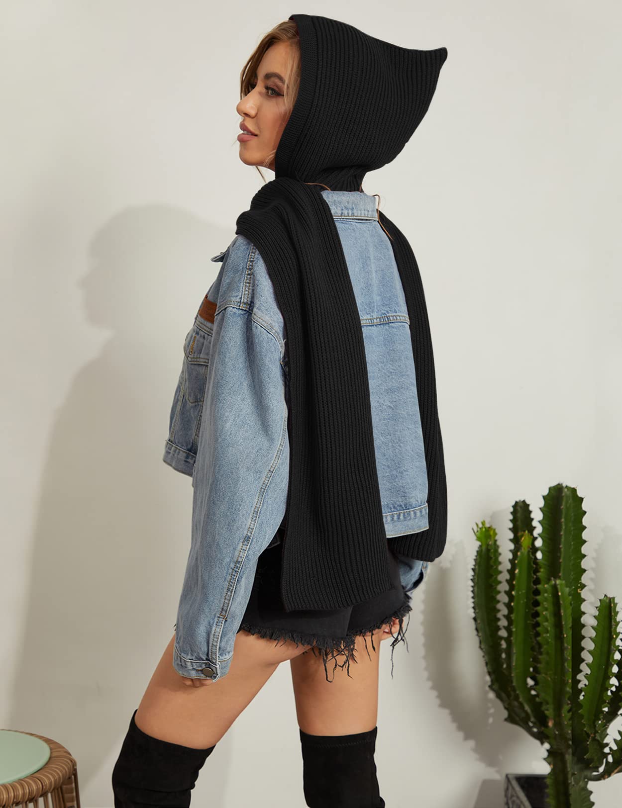 Women Winter Knitted Hooded Long Scarf Warm Shawl Head Scarves Black One Size