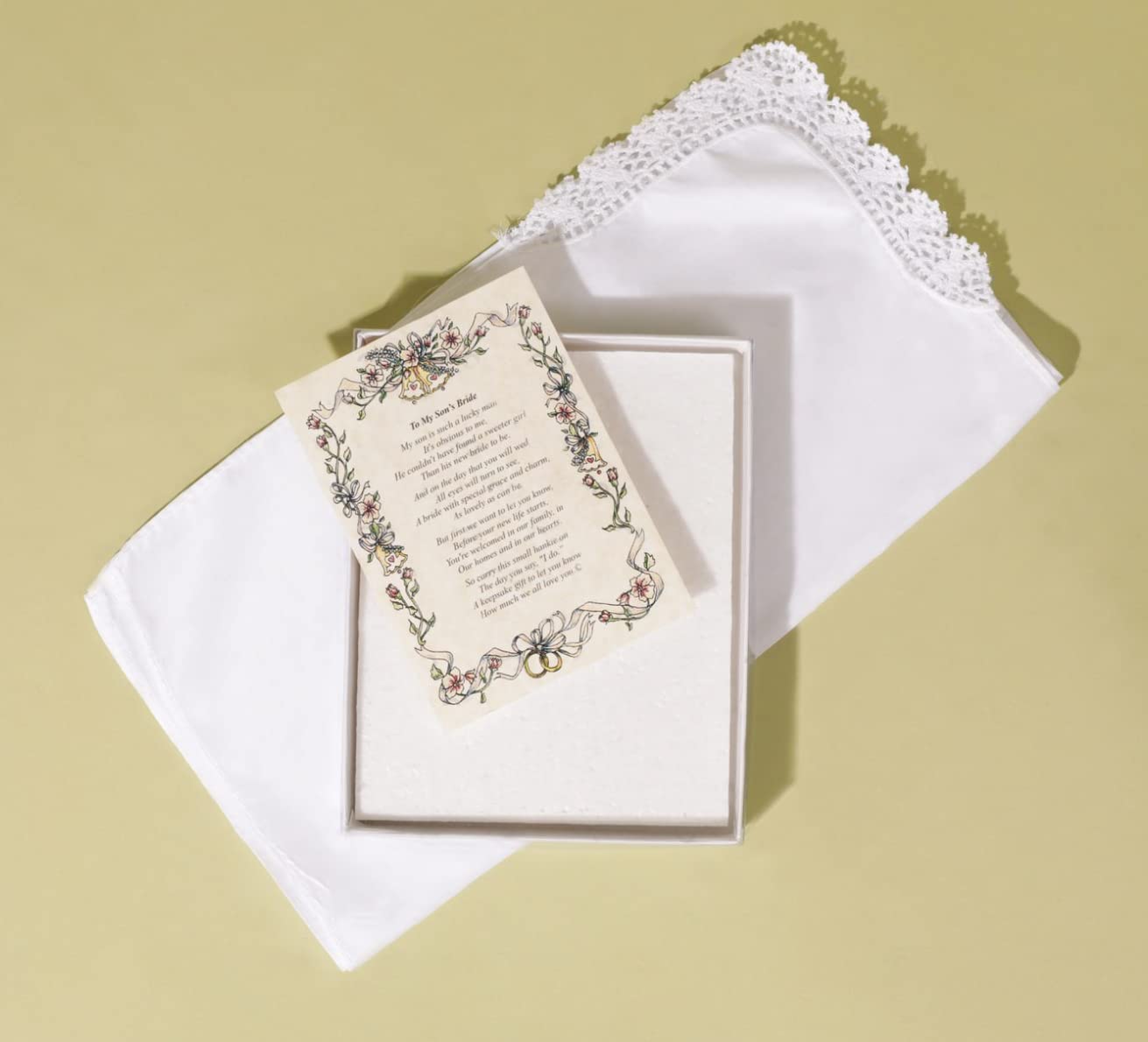 Wedding Handkerchief Poetry Hankie (Groom’s Mother to Bride) White, Lace Embroidered Bridal Keepsake, Beautiful Poem Card | Long-Lasting Memento for The Bride | Includes Gift Storage Box