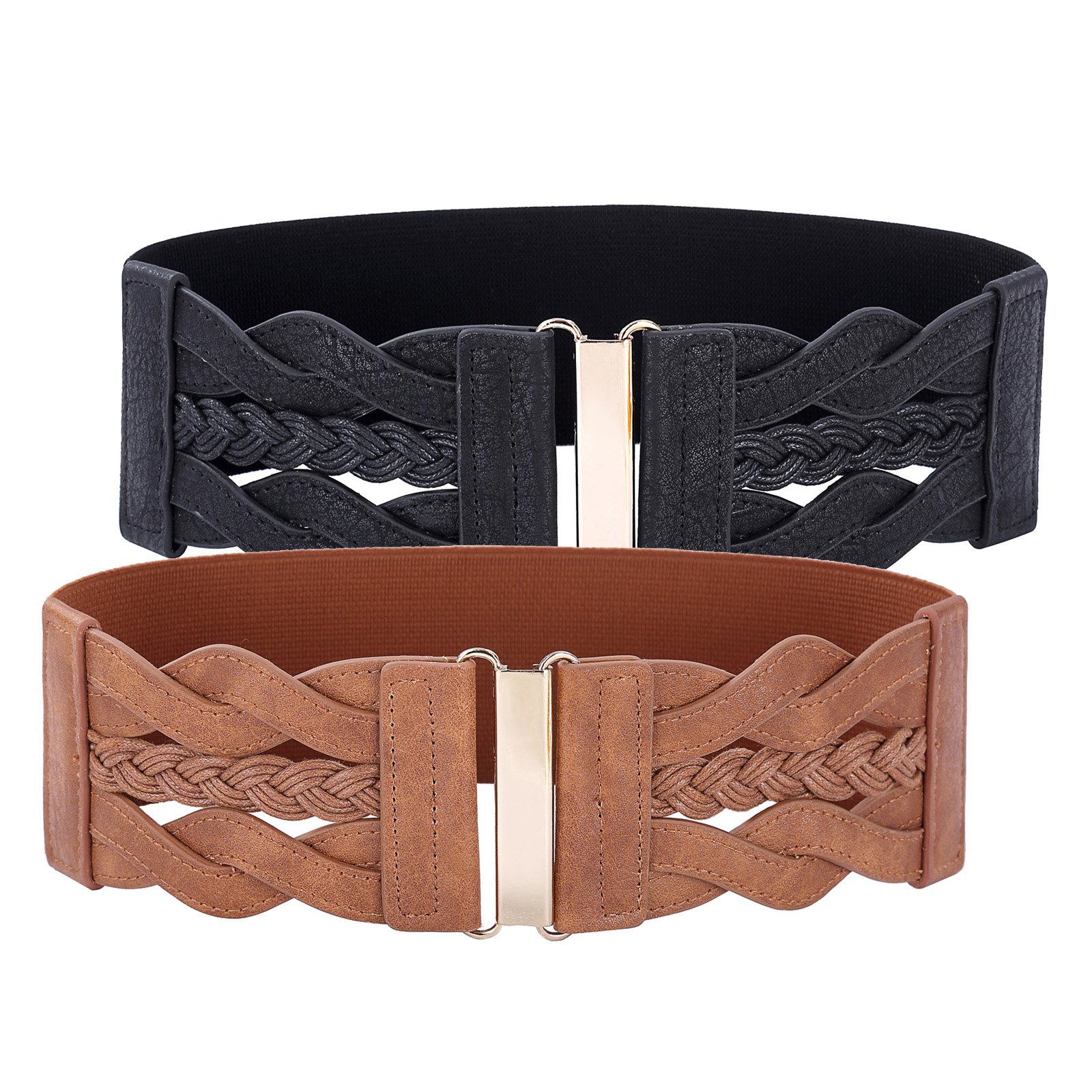 Women's 2 Pack Retro Wide Elastic Stretch Belt, Black + Brown, Medium