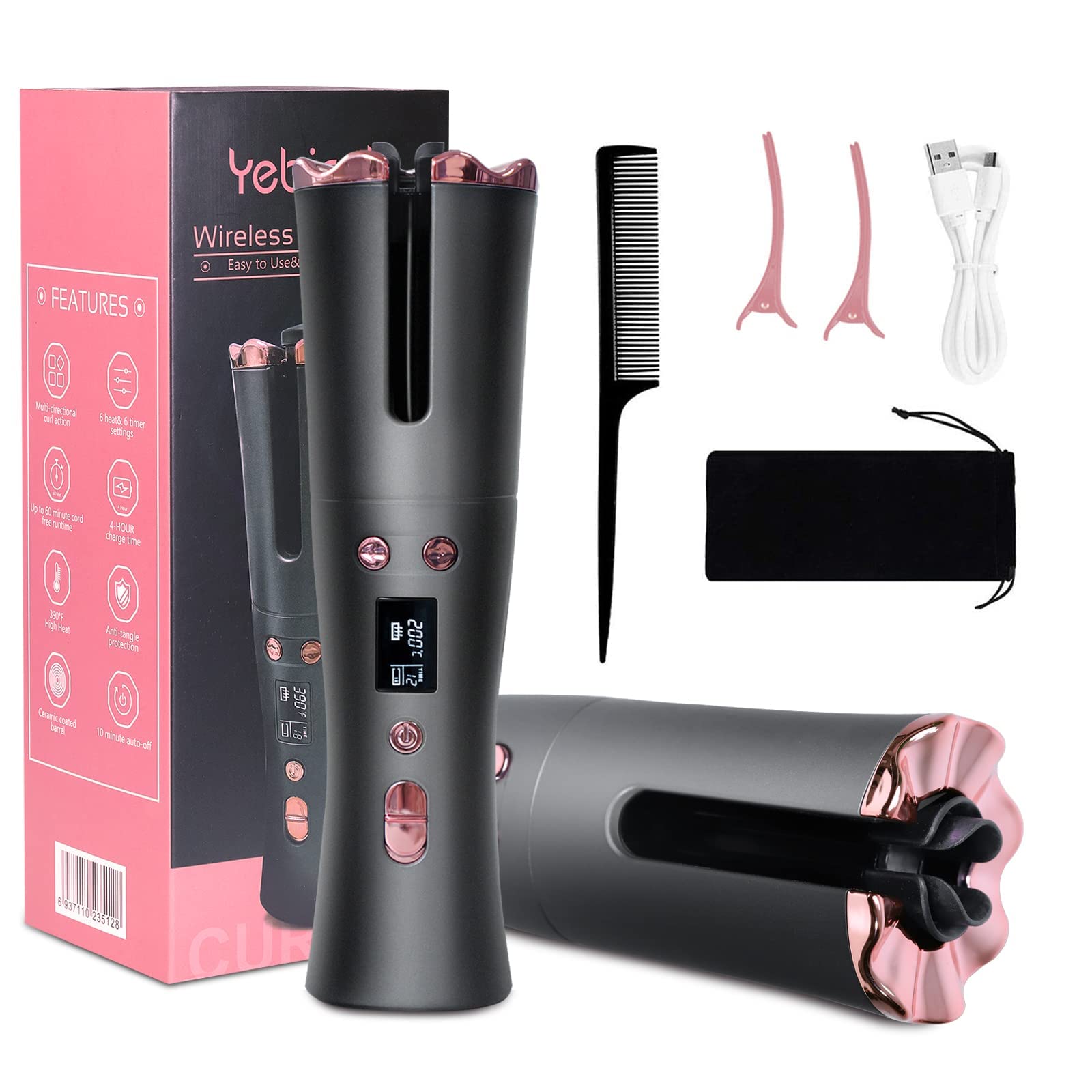 Yebicola Automatic Curling Iron, Cordless Curling Iron Automatic Hair Curler with 6 Temps & Timers, Auto Shut-Off Rechargeable, Ceramic Portable Curling Iron for Fine Medium Hair Mother's Day