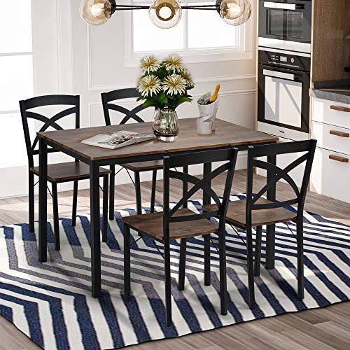 Voohek 5-Piece Kitchen Table and Chairs Set, with Wood Grain Veneer Rectangular Tabletop, Metal Frame, Plastic Foot Pads, for 4 People, Small Spaces, Dinette, Dining Room, Industrial Style, Brown