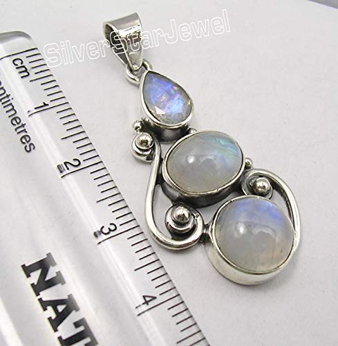 SilverStarJewel Natural Rainbow Moonstone tcw 8.0 Pendant 1.6" 925 Solid Silver