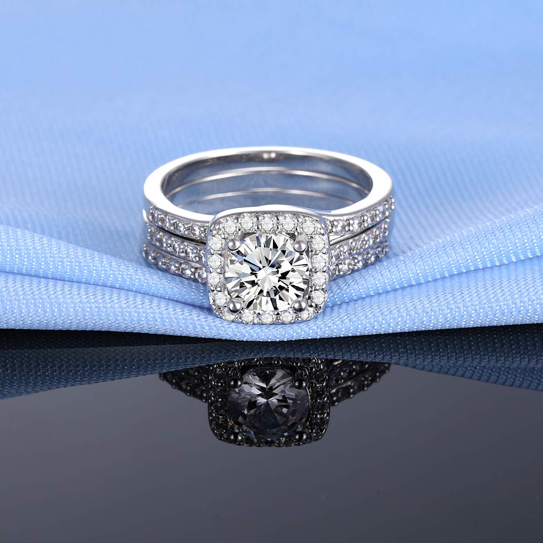 OPOMOMO Three-in-One Wedding Engagement Rings,18K White Gold Plated Halo Promise Eternity Rings 9