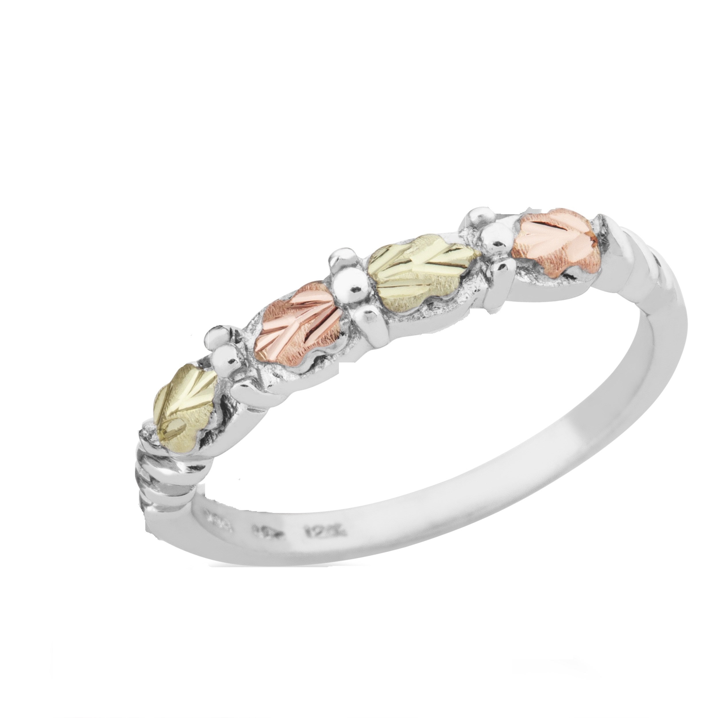 Wedding Band Ring, Sterling Silver, 12k Green and Rose Gold Black Hills Gold Motif, Size 7.5