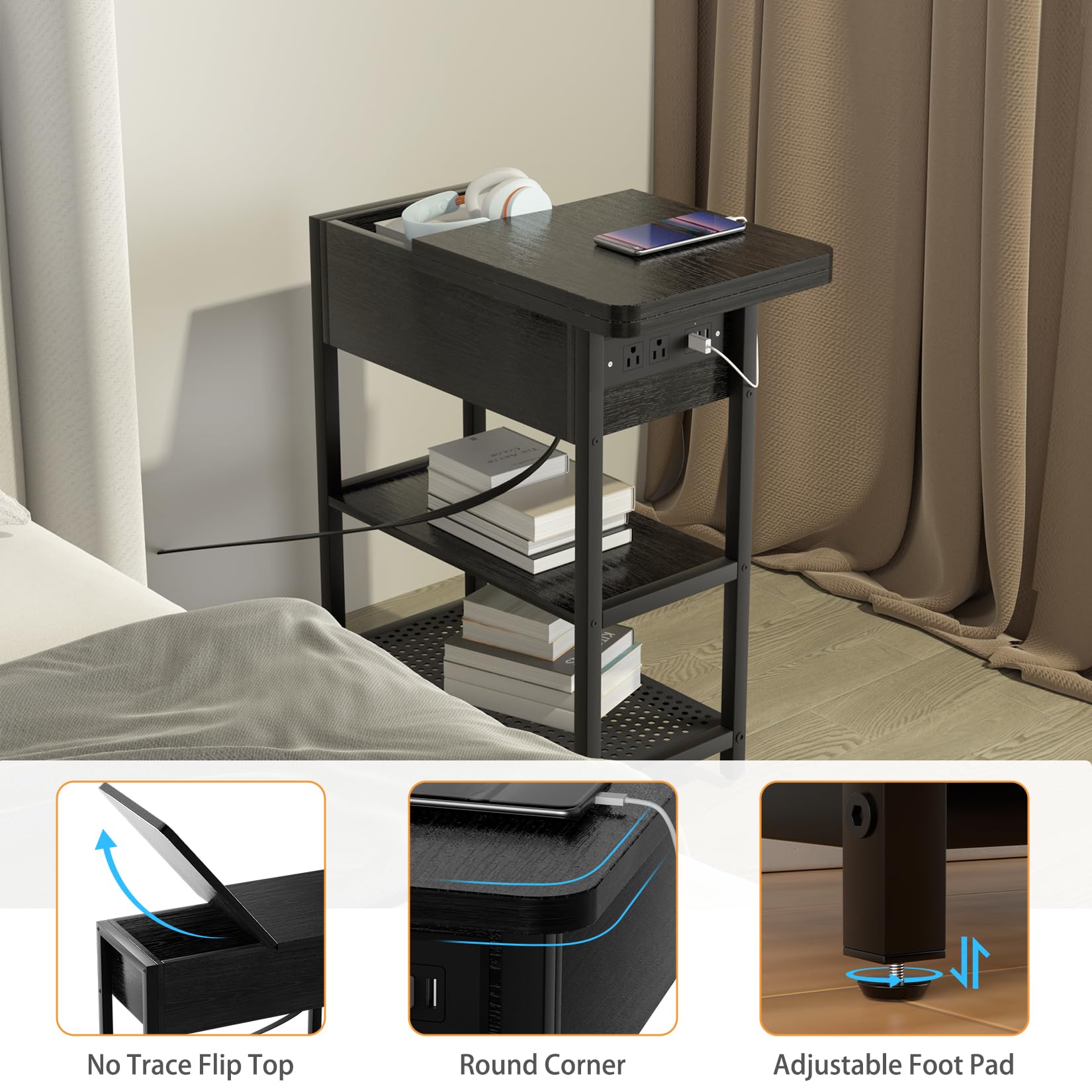 Yenlure End Table with Charging Station, Narrow Side Table with 5 USB Ports & Outlets, Flip Top Nightstand for Small Space, Bedside Table with Storage Shelf for Living Room/Bedroom, Black