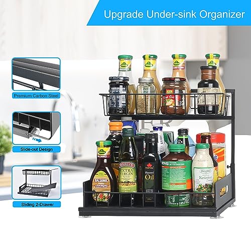VANRIOS 100% Metal Under Sink Organizer and Storage, 2-Tier Pull Out Cabinet Organizer Shelf Under Cabinet Storage Height Adjustable Non-Slip Multi-Use Slide Out Cabinet Basket for Bathroom, Kitchen