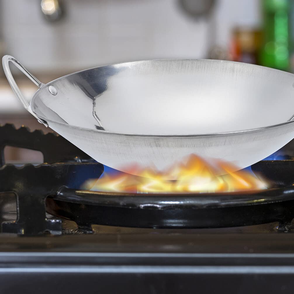 Yardwe Wok Pan Stainless Steel Stir Fry Pans 8 Inch Hot Pot Iron Frying Pan Double Handle Chinese Cooking Pot Kitchen Cookware For Boiling Steam Silver s Steel Wok