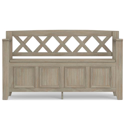 SIMPLIHOME Amherst SOLID WOOD 48 inch Wide Entryway Storage Bench with Safety Hinge, Multifunctional Transitional in Distressed Grey