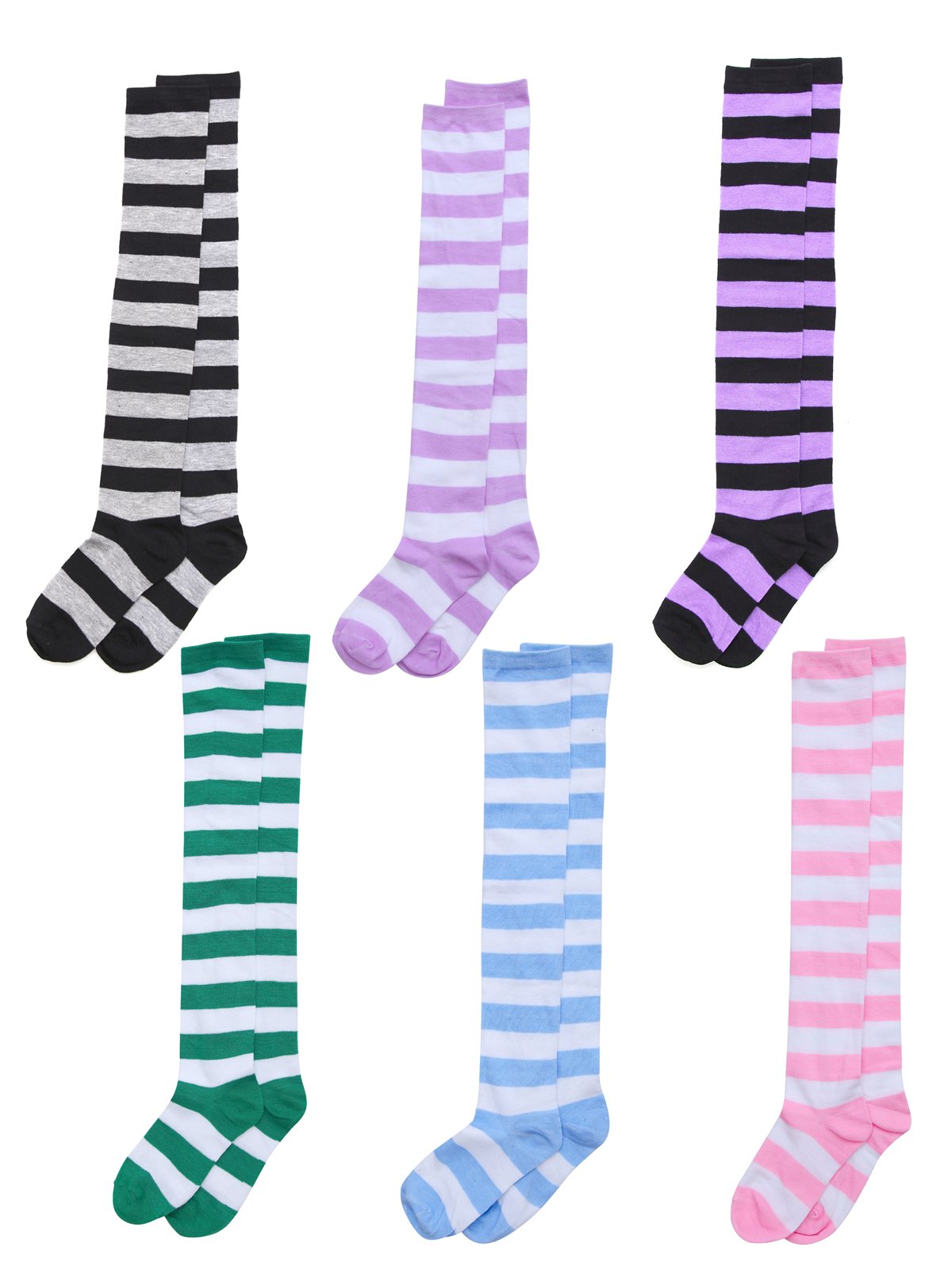 Women's Extra Long Opaque Striped Over Knee High Stockings Socks, 6 Pairs K, One Size