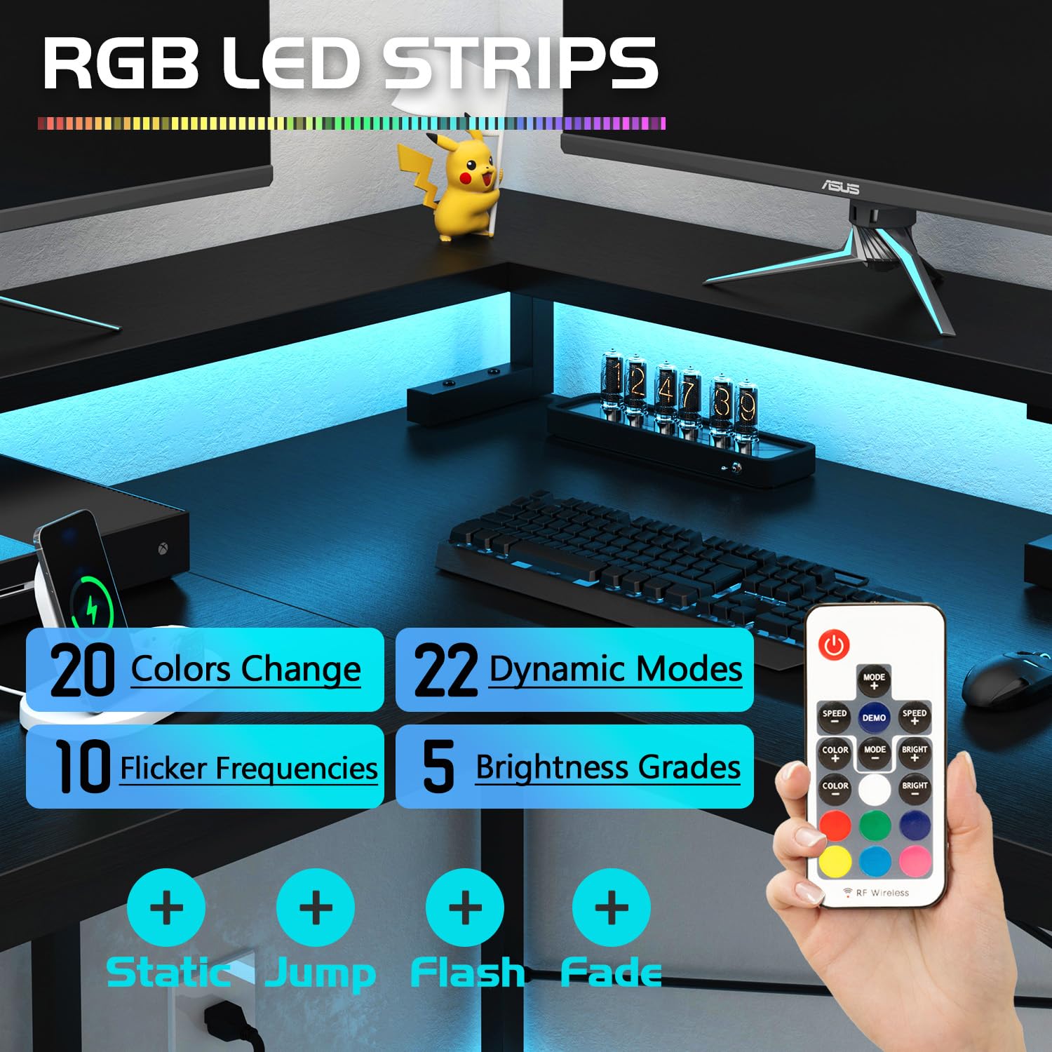 RAGIFEN L Shaped Desk with Power Outlets & LED Strips, L Shaped Computer Desk with Drawers, Gaming Computer Desk with Monitor Stands Home Office Desk with CPU Stand, Easy to Assemble, Black