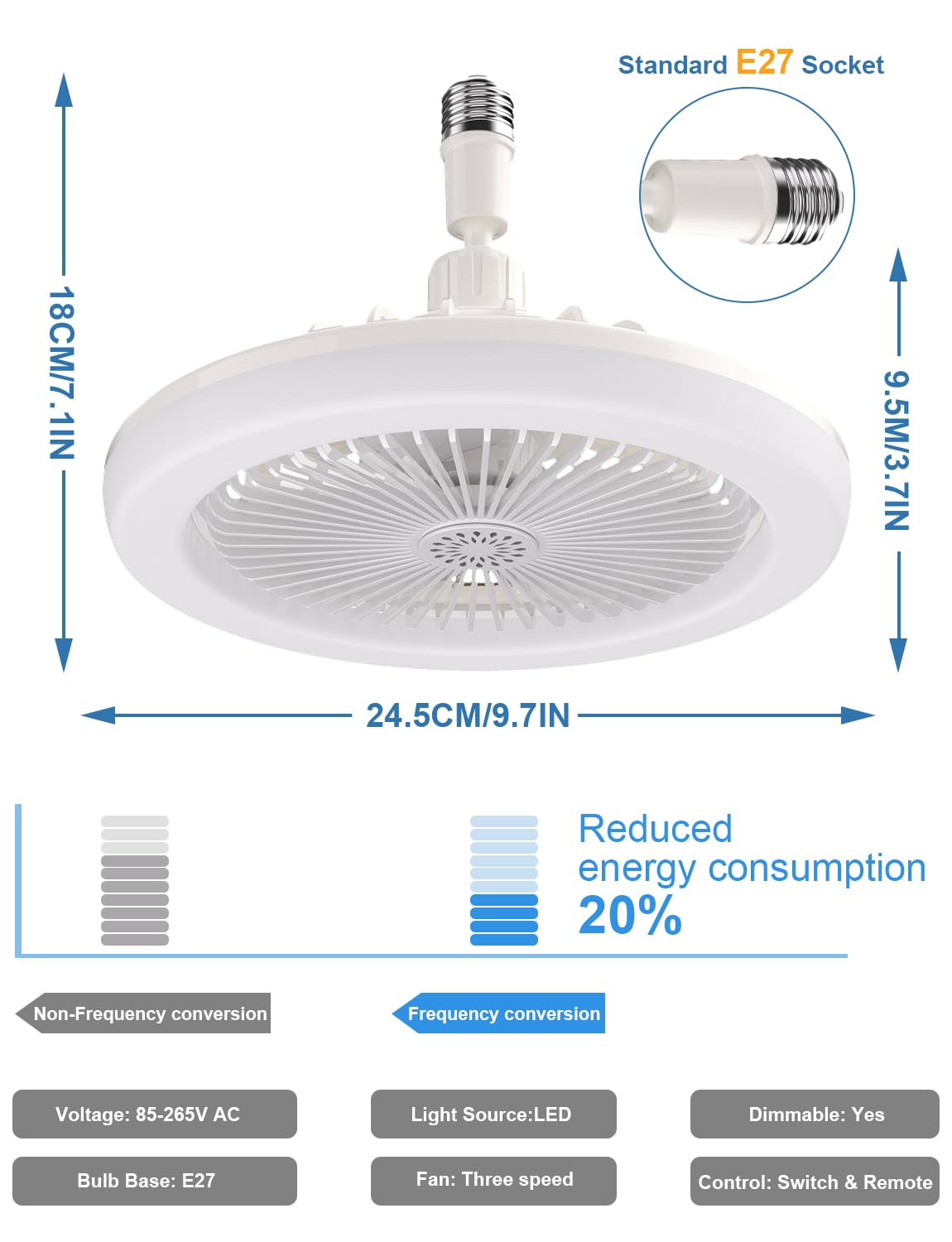VONFAME Enclosed Ceiling Fan with Light and Remote Small 10-inch E27 Bladeless Ceiling Fans Dimmable LED Lights 3 Gear Wind Speeds Family Summer Gift for Garage Tool Room and Store Room