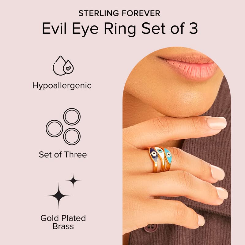 Sterling Forever - Evil Eye Ring Set of 3-14K Gold Plated Brass with Enamel - Statement Ring Set - Nickel Free