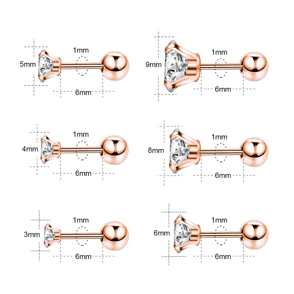 ZS 6 Pairs Shiny Round Cubic Zirconia Surgical Steel Stud Earrings Tragus Helix Conch Piercing Cartilage Sets (6 Pairs.3-8mm Cubic(Rose-gold,Ball Back))