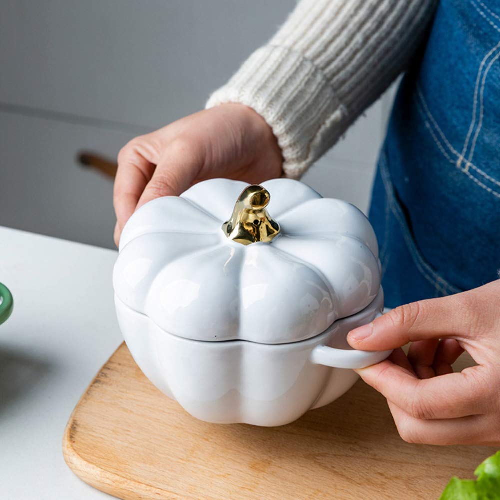 YUMUO Pumpkin Not-Stick Ceramics Dish,Fashion Creative Tableware Dessert Fruit Soup Bowl with Lid,for Cooking & Serving Orange