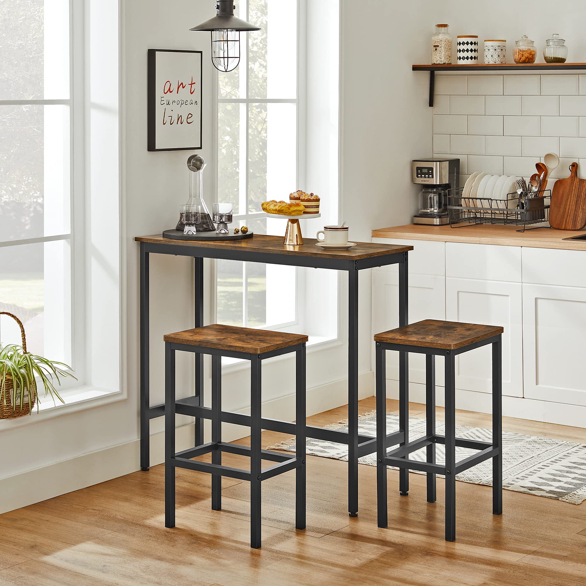 VASAGLE Dining Table Set, Bar Table and Chairs Set, Rustic Brown and Black ULBT218B01 & 47 Inches Dining Room Table for 4, 47.2 x 29.5 x 29.5 Inches, Brown