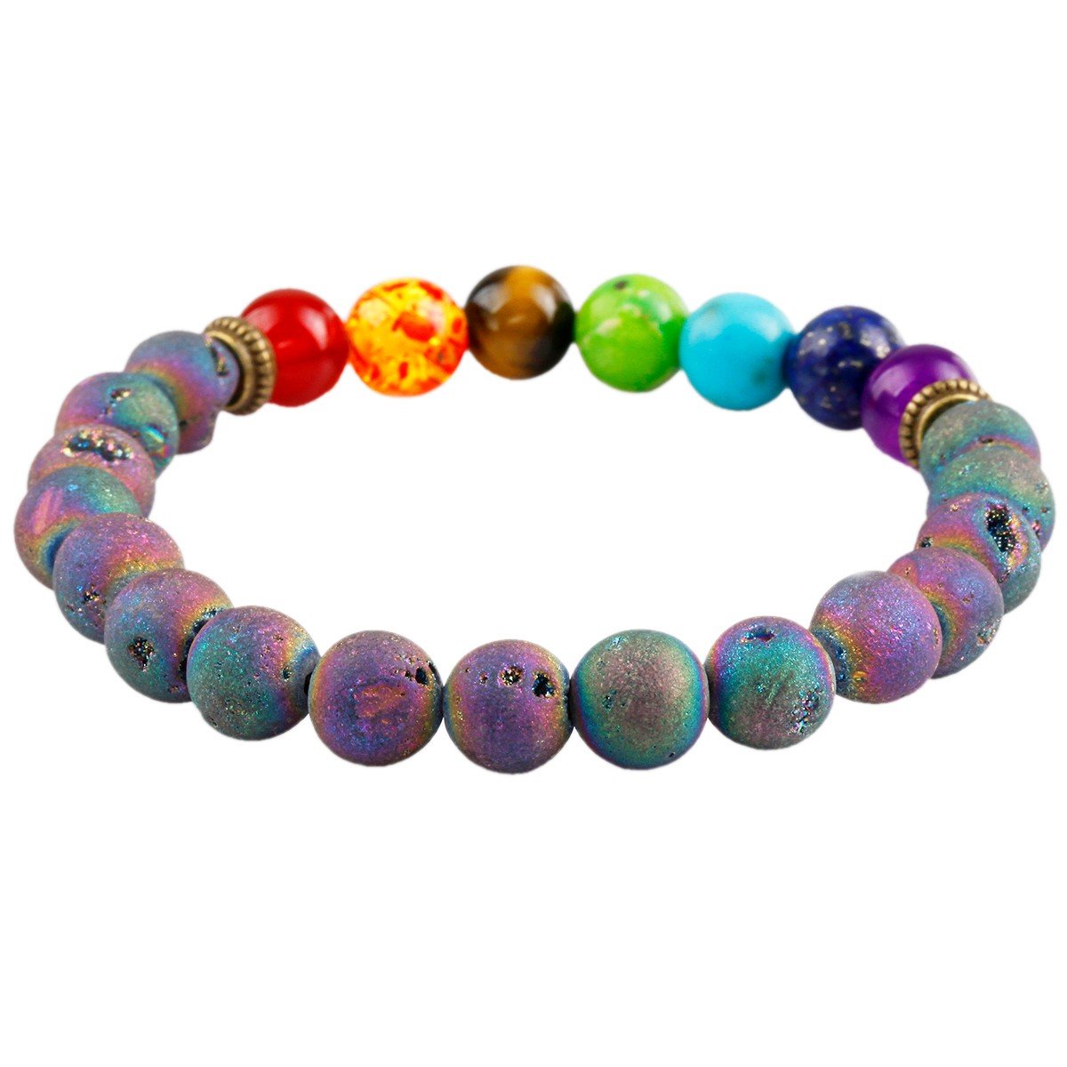 SUNYIK Rainbow Aura Titanium Coated Crystal Druzy Bracelet,7 Bead Chkara Healing