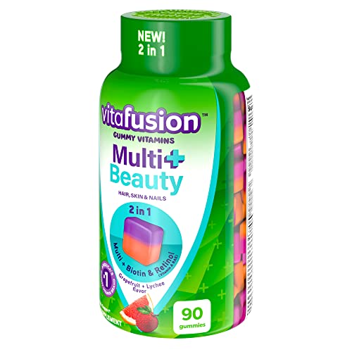 Vitafusion Multivitamin Plus Beauty β 2-in-1 Benefits β Adult Gummy with Hair, Skin & Nails Support (Biotin & Retinol β Vitamin A RAE) Daily, 90 Count
