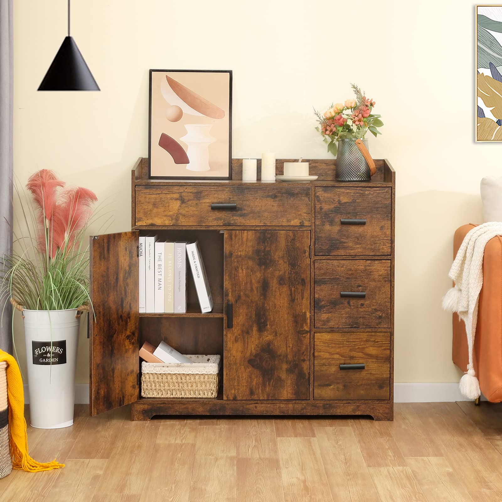 usikey Storage Cabinet with 2 Doors & 4 Drawers, Freestanding Cabinet with Adjustable Shelves, Wooden Sideboard, Accent Cabinet for Living Room, Hallway, Kitchen, Bedroom, Rustic Brown