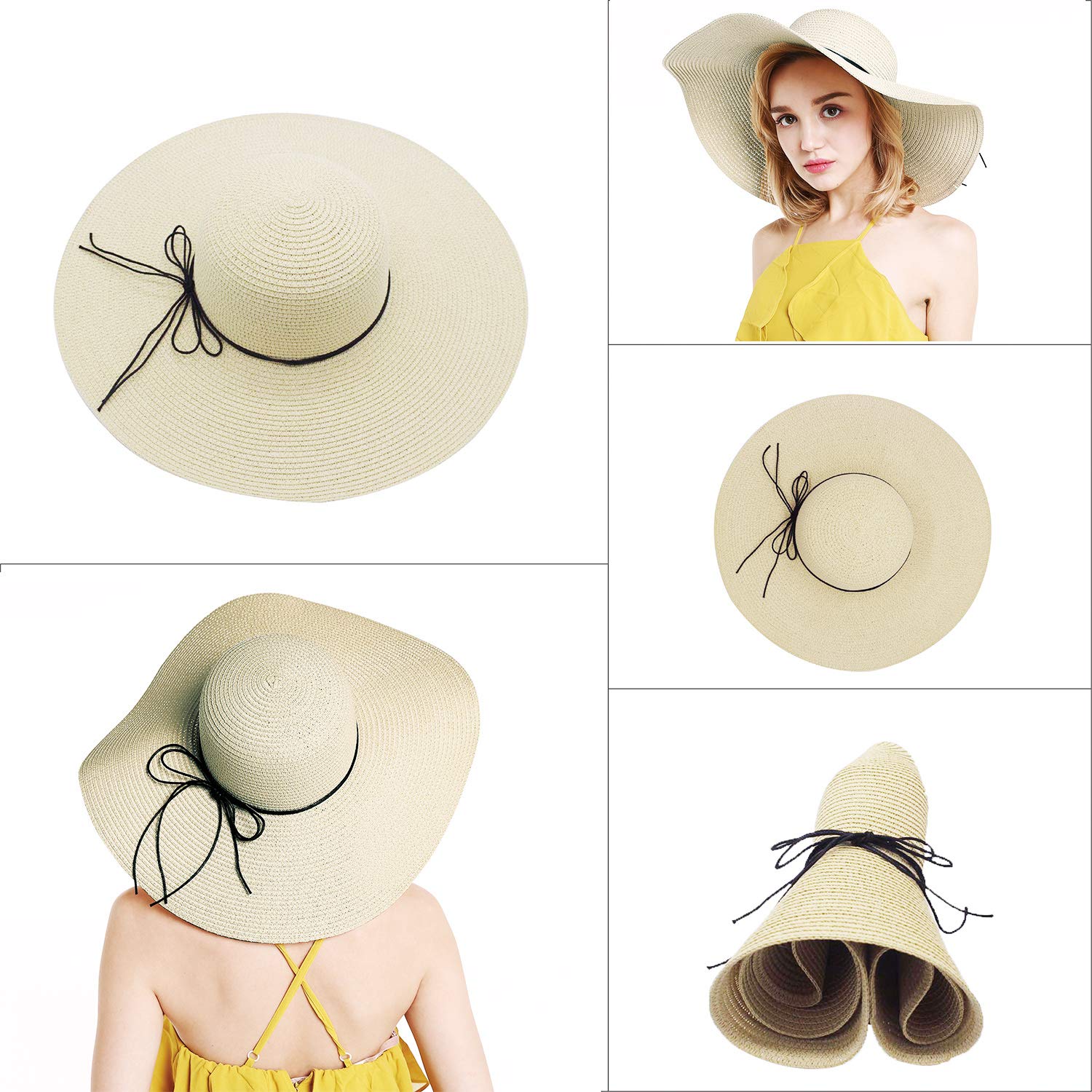 Womens Floppy Straw Hat Wide Brim Foldable Beach Cap Sun Hat for Women UPF 50+