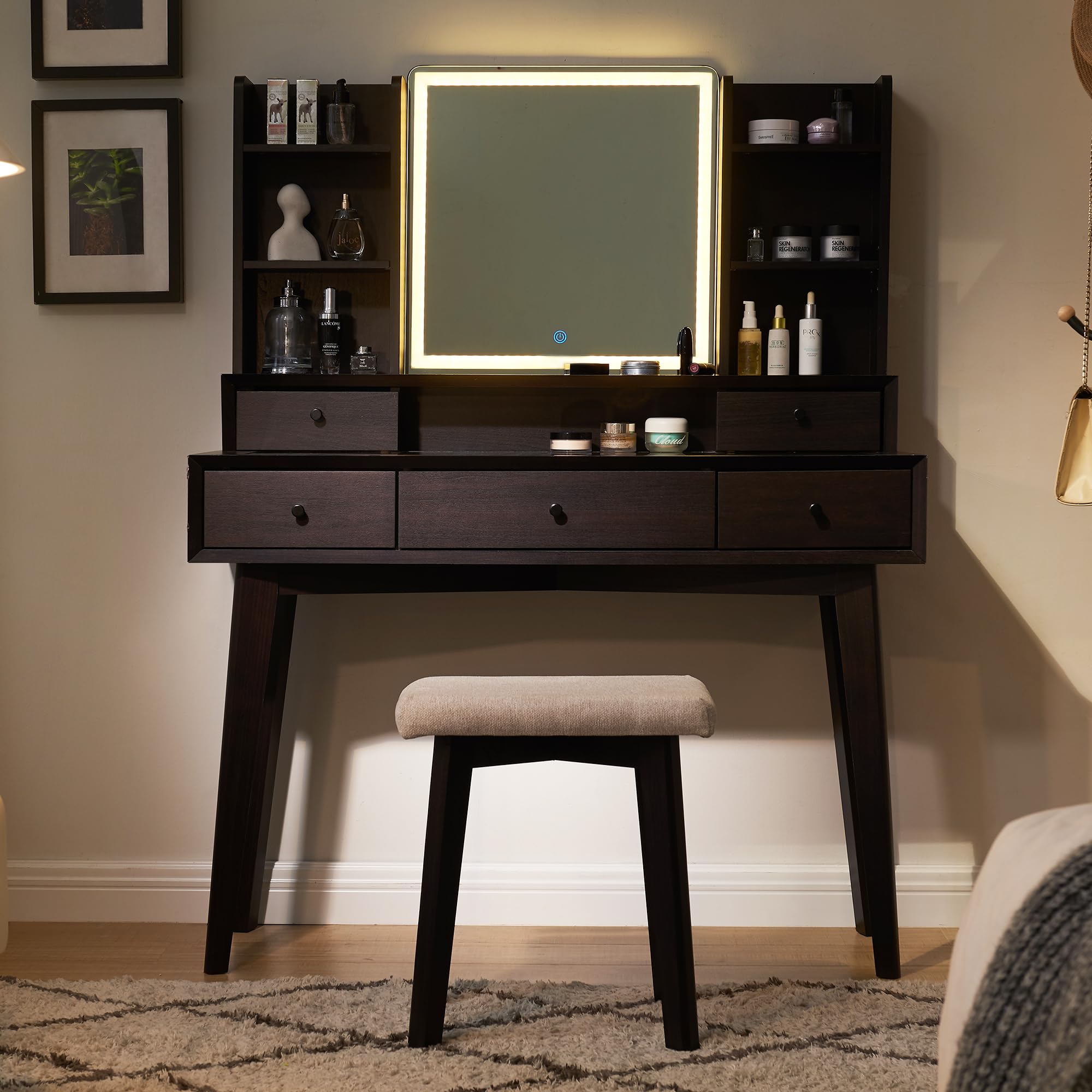 T4TREAM Vanity Desk with Mirror and Lights,Makeup Vanity Table Set with Visual Drawers,Cushioned Stool and 3 Color Lighting Modes,42 inch Dressing Table for Bedroom Women Girls,Espresso