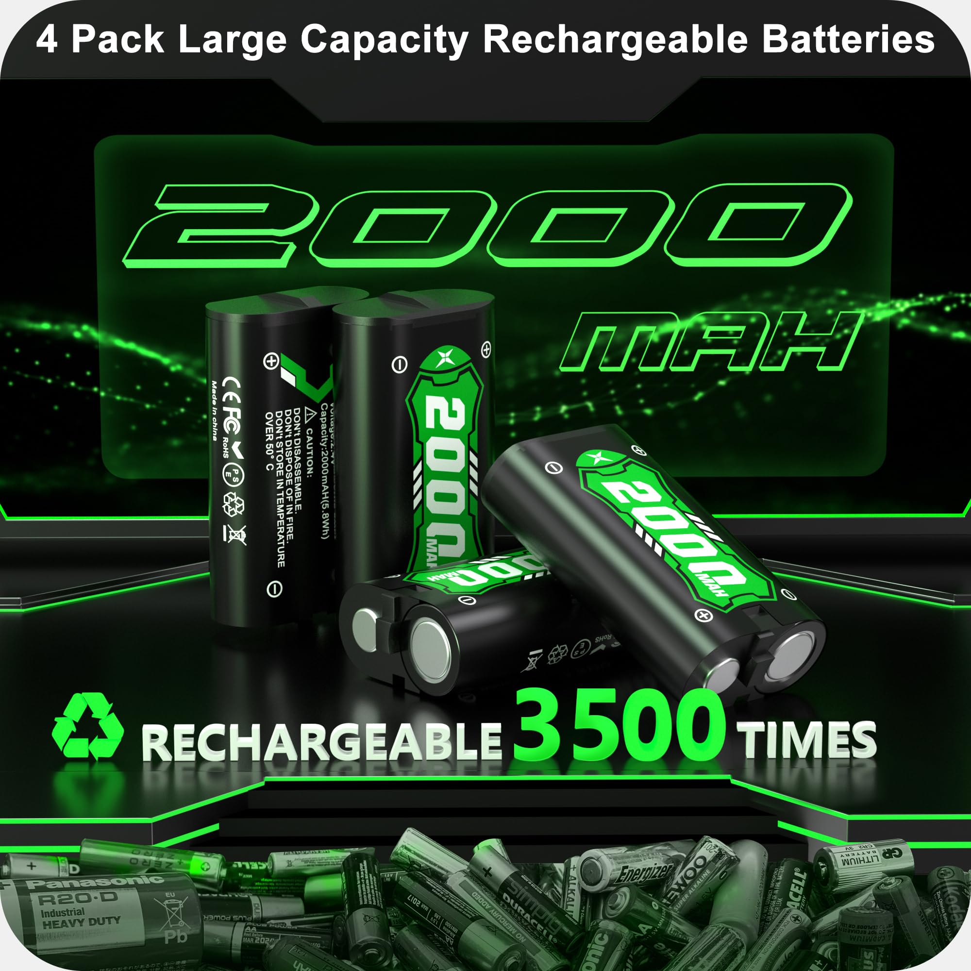 Rechargeable Battery Pack for Xbox Controller, （4x4800mWh)4x2000mAh Rechargeable Batteries for Xbox Controller Charger Station for Xbox One/Xbox Series X|S/Xbox One S|X/Xbox One Elite Controllers