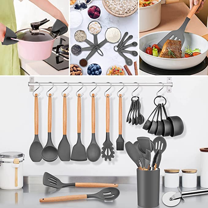 Utensil sets-Kitchen 33 Pcs Non-Stick Silicone Cooking Utensils Set with Holder, Sturdy Wooden Handle, Heat Resistance Silicone Spatula Spoon Kitchen Gadge