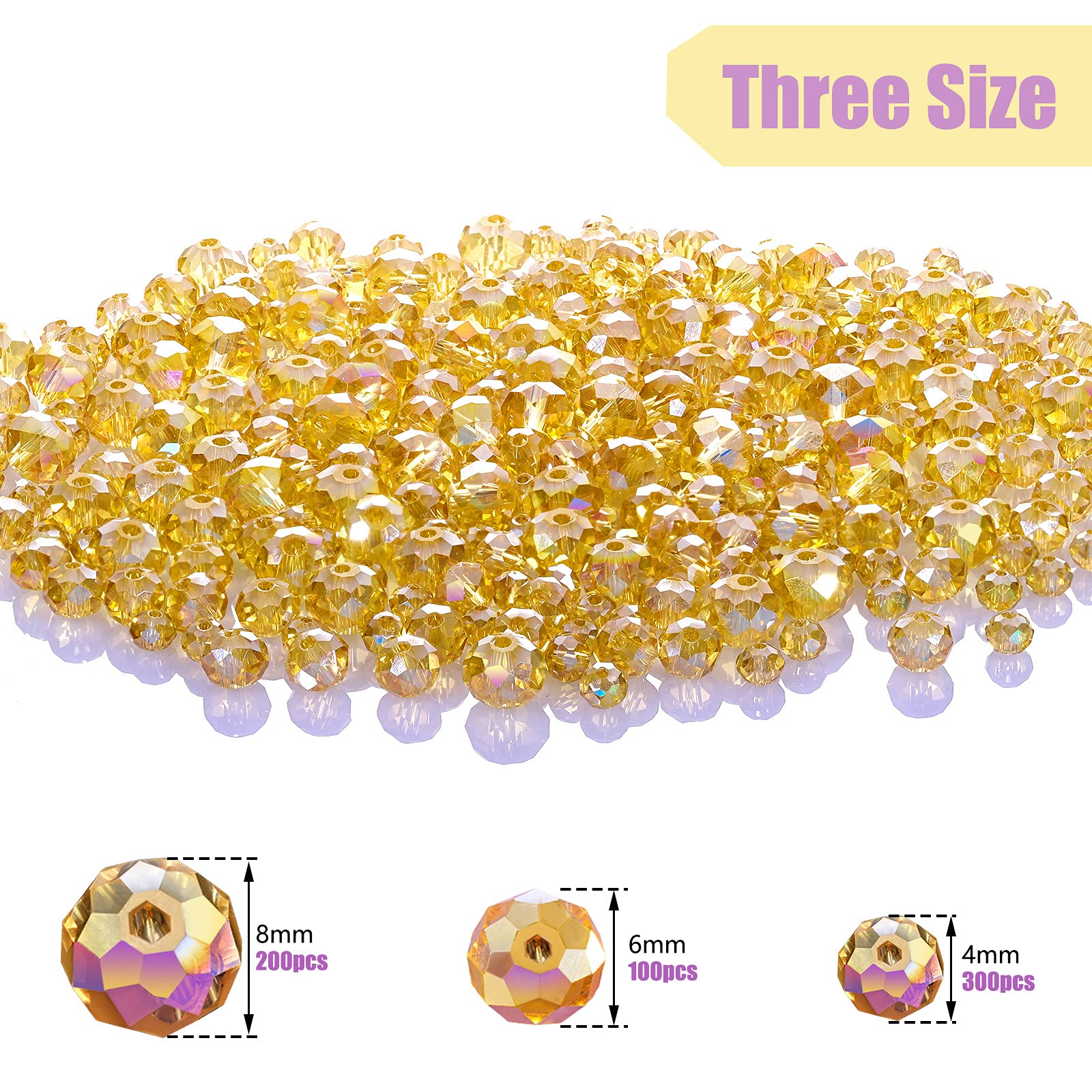 WILLBOND 600 Pcs Crystal Glass Beads for Jewelry Making Bulk Faceted Gemstone Rondelle Beads Loose Beads for Halloween Bracelet DIY Crafts 8 mm, 6 mm, 4 mm(Champagne Gold)