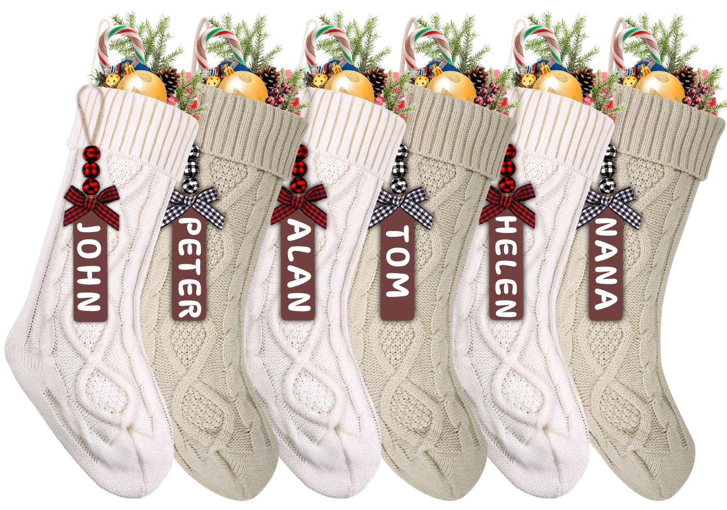 XIMISHOP 6pack Christmas Stockings, 18inch Large Personalized Cable Knitted Xmas Hanging Stocking Decorations with Name Tags for Holiday Christmas Party Family Decor (Khaki and White)