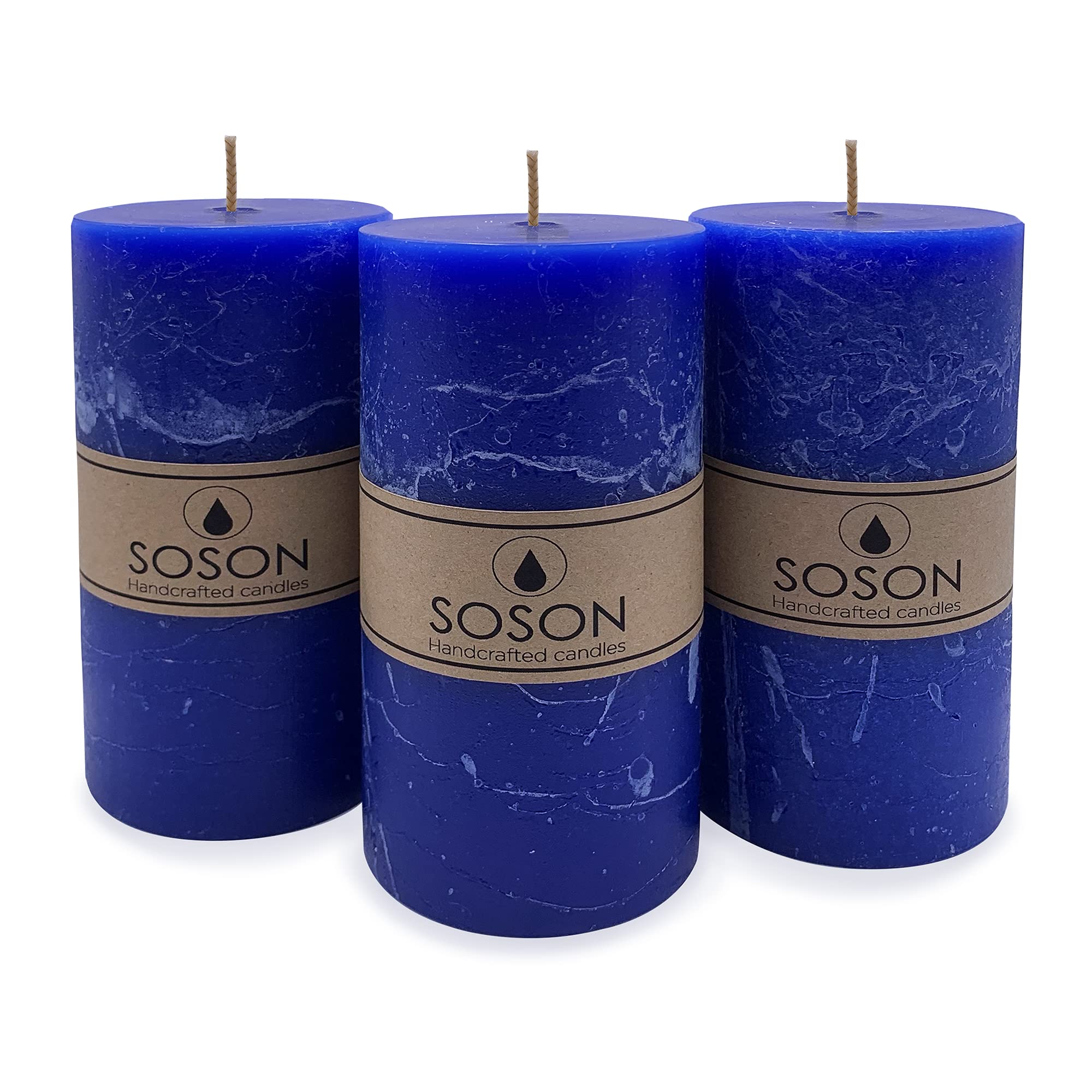Simply Soson Blue Rustic Texture Pillar Candles 3x6 inch - Set of 3 - Unscented Decorative Blue Candles, No drip Candles, Ideal as Large Candles for Home Decor, Weddings, Holidays