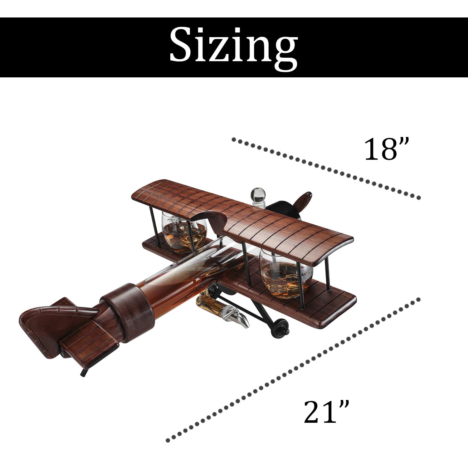 Whiskey & Wine Decanter Airplane Set and Glasses Antique Wood Airplane - The Wine Savant Whiskey Gift Set and 2 Airplane Glasses, Pilot Gift Moving Parts- Alcohol Related Gift, BAR DECOR Large 21"