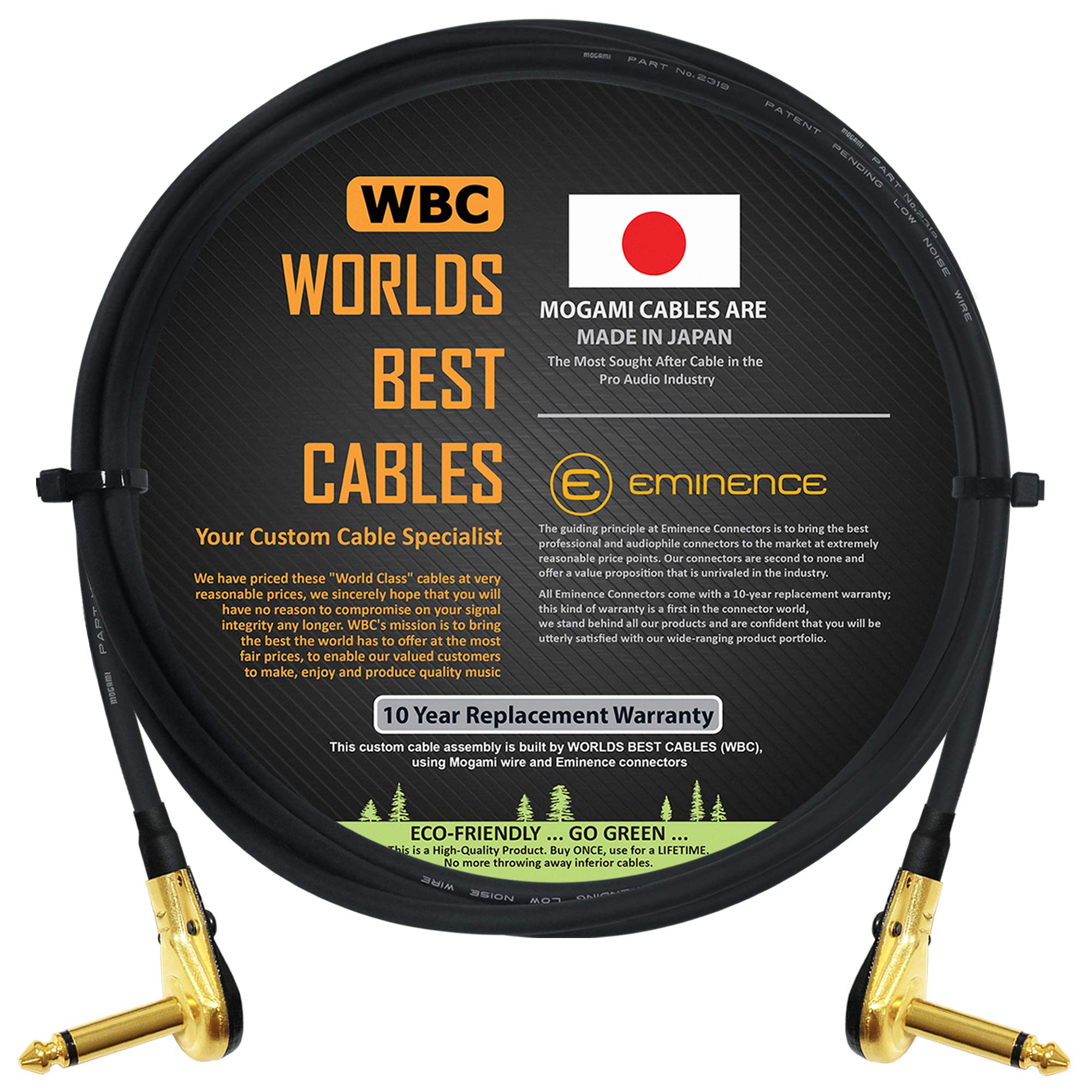 WORLDS BEST CABLES 2 Foot - Pedal, Effects, Patch, instrument cable CUSTOM MADE made using Mogami 2319 wire and Eminence Gold Plated ¼ inch (6.35mm) R/A Pancake type Connectors