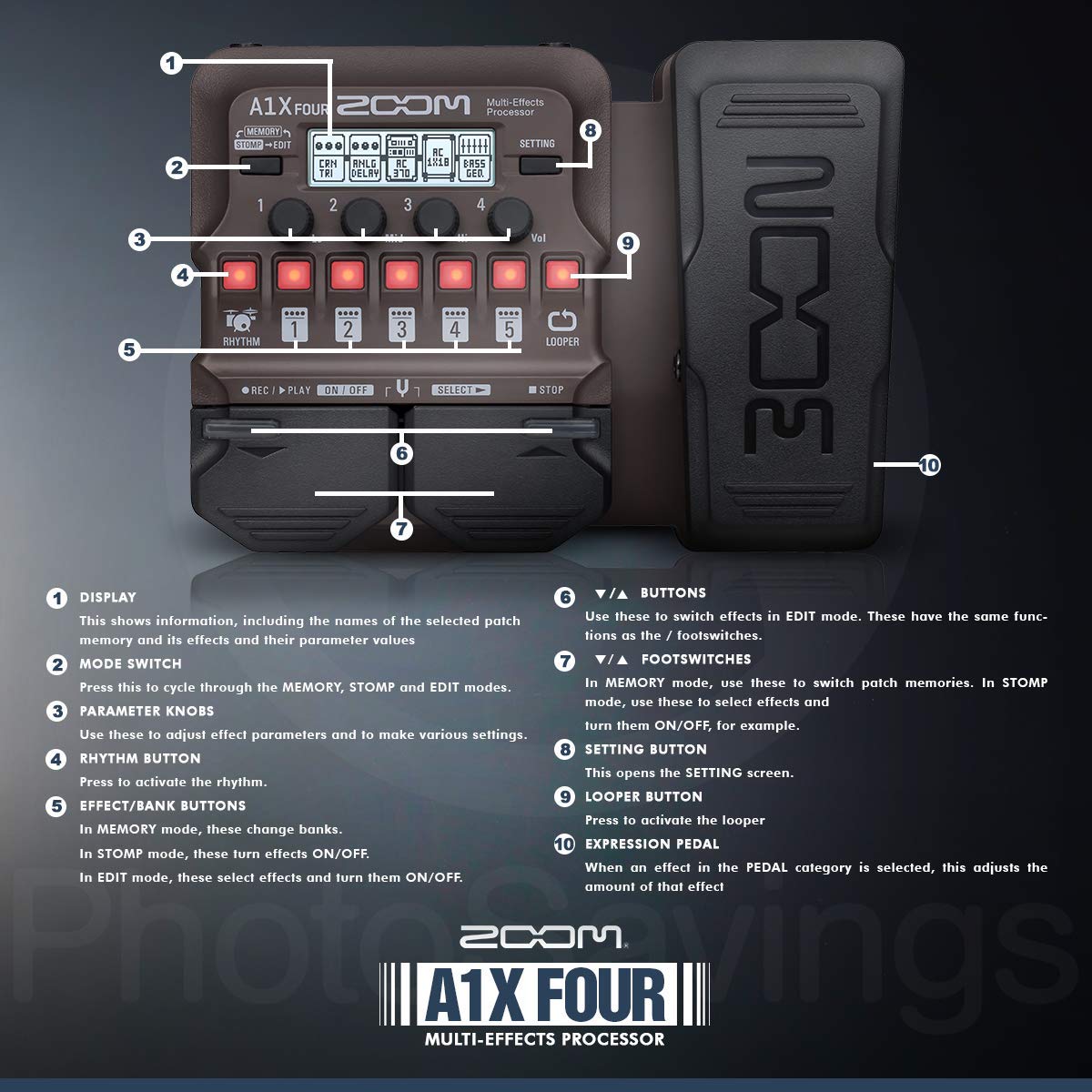 Zoom A1X FOUR Acoustic Instrument Multi-Effect Processor with Expression Pedal for Acoustic Guitar, Saxophone, Trumpet, Violin, Harmonica or Acoustic Bass + Basic Bundle Cables & Fibertique Cloth
