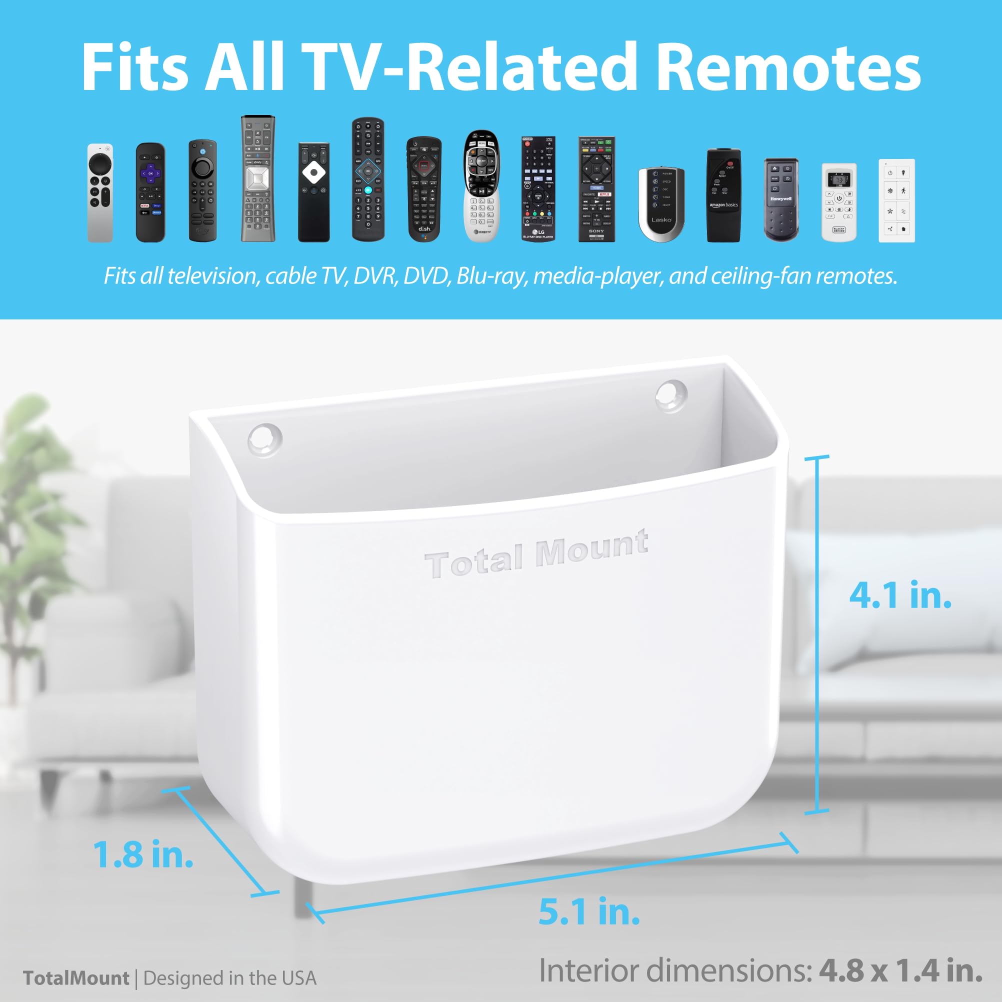 TotalMount Hole-Free Remote Holder β Eliminates Need to Drill Holes in Your Wall (for 2 or 3 Remote Controls β White β Quantity 1)