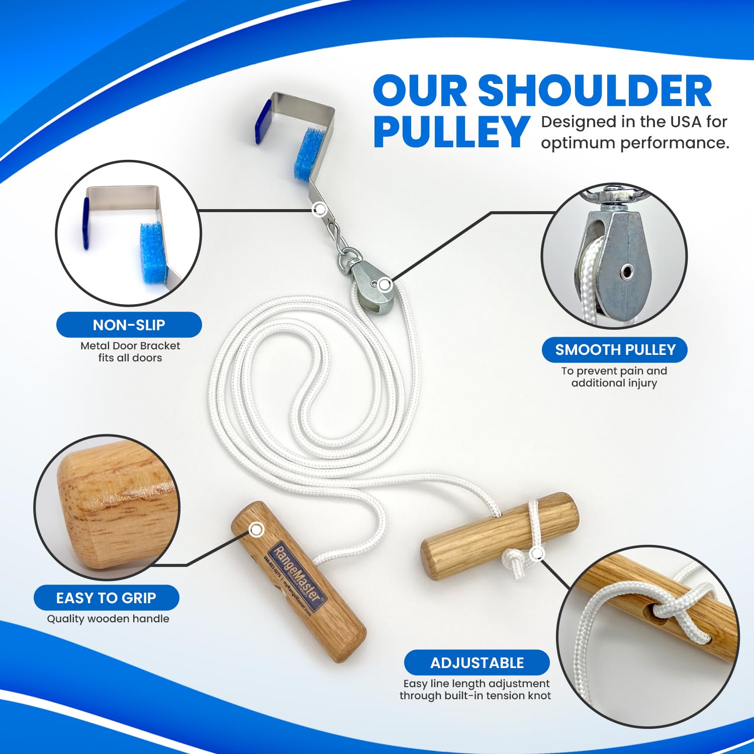 RangeMaster Econo Ranger Shoulder Pulley │ Physical Therapy Exercises │ Aids in Recovery and Rehabilitation │ Increases Mobility │ Wooden Handles for Comfort │ Metal Bracket Door Attachment