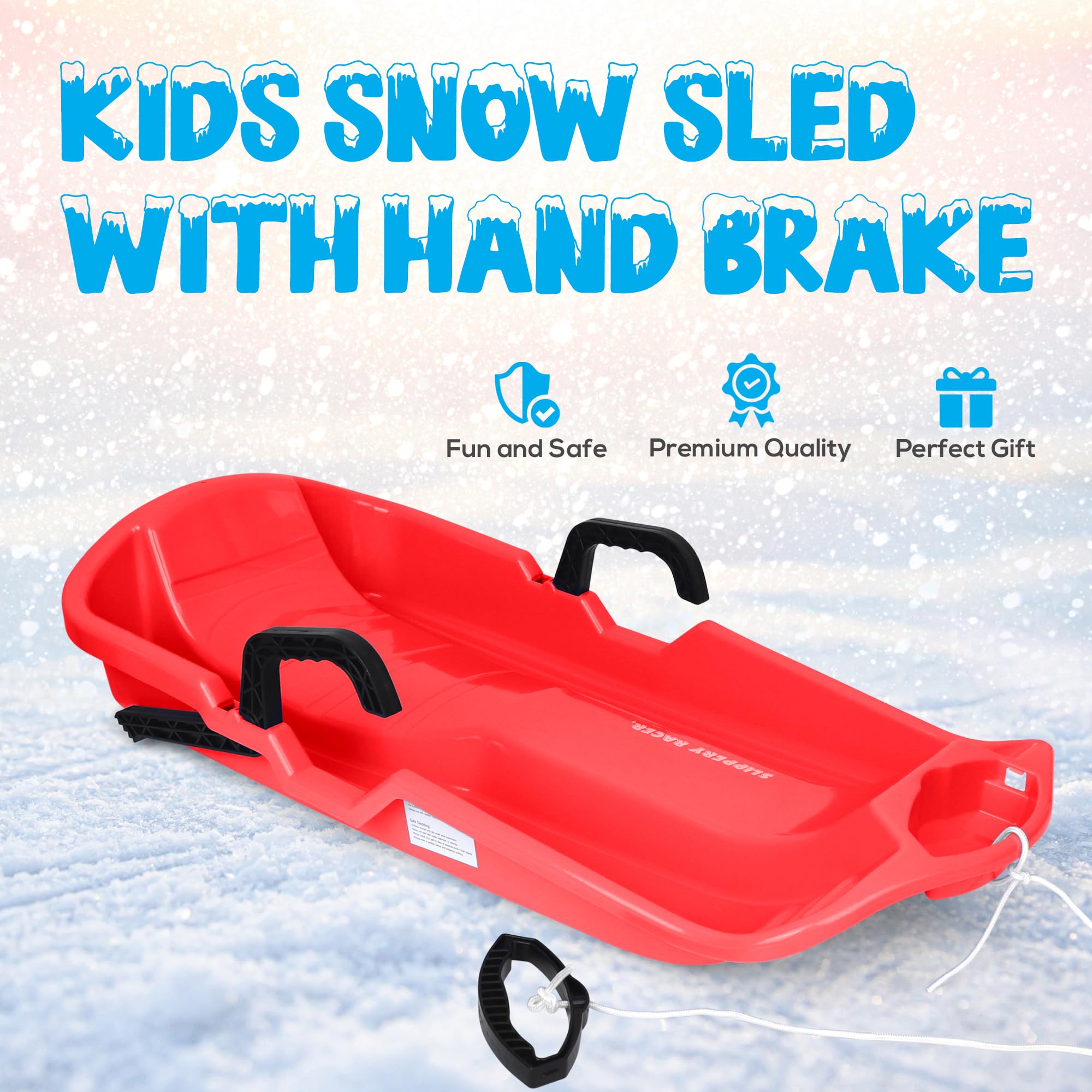 Slippery Racer Downhill Thunder Flexible Plastic Toboggan Snow Sled with Built in Brake System, Pull Rope, and Handle Grips, Red