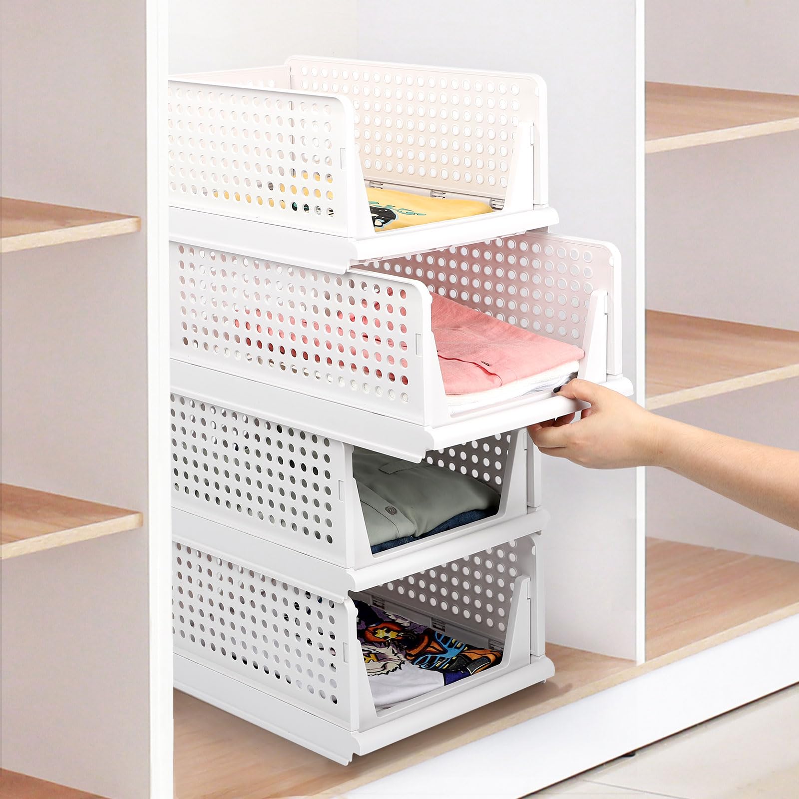 SEHERTIWY Stackable Closet Storage Baskets, 4 Packs Plastic Closet Organizers and Storage Containers Bins, Foldable Closet Shelf Drawers for Wardrobe Cupboard Kitchen Bathroom Office