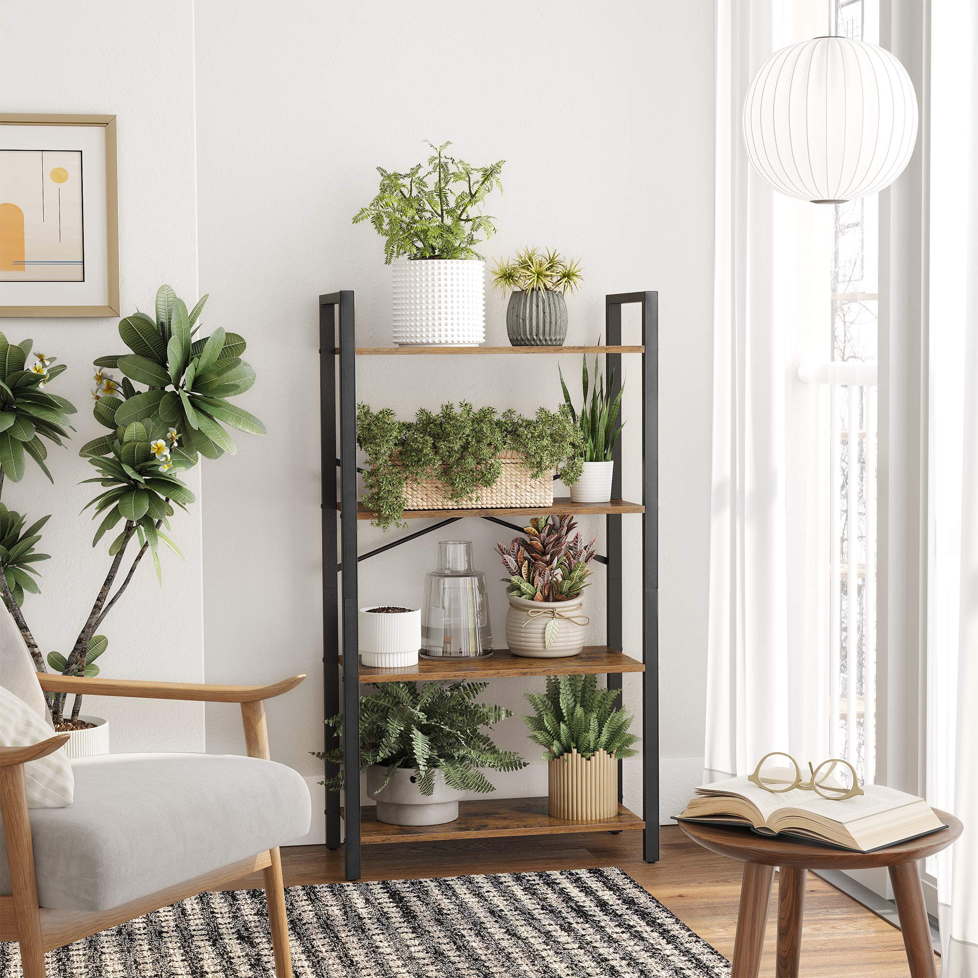 VASAGLE Computer Desk and Bookshelf Bundle, L-Shaped Computer Desk and 4-Tier Bookcase with Steel Frame, for Home Office, Industrial, Rustic Brown and Black ULWD72X and ULLS60BX