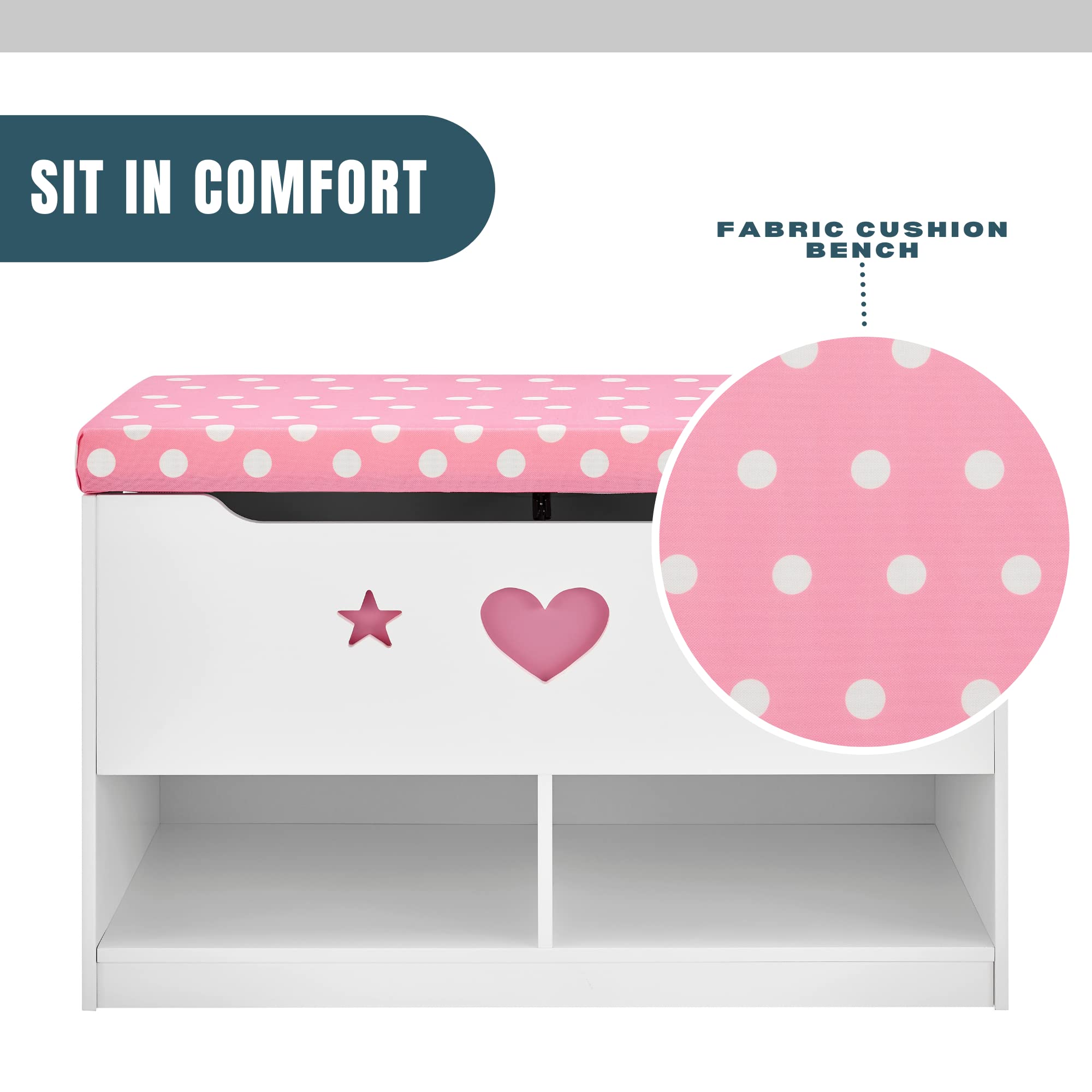 Sturdis Kids Toy Box β Pink & White with Cushion Storage Bench Seat, Toy Storage Chest And Cubby Space For Shoes And Books Organizers