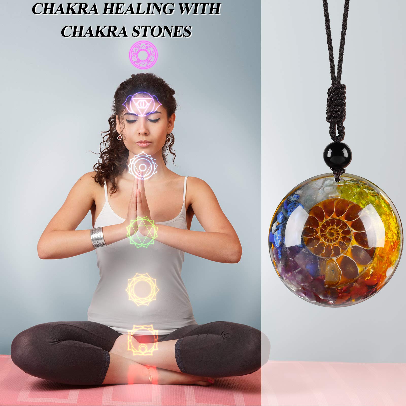 Yaomiao 2 Pieces 7 Chakra Stone Reki Healing Crystal Energy Pendant Gemstone Amethyst Resin Ammonites Spiral Necklace