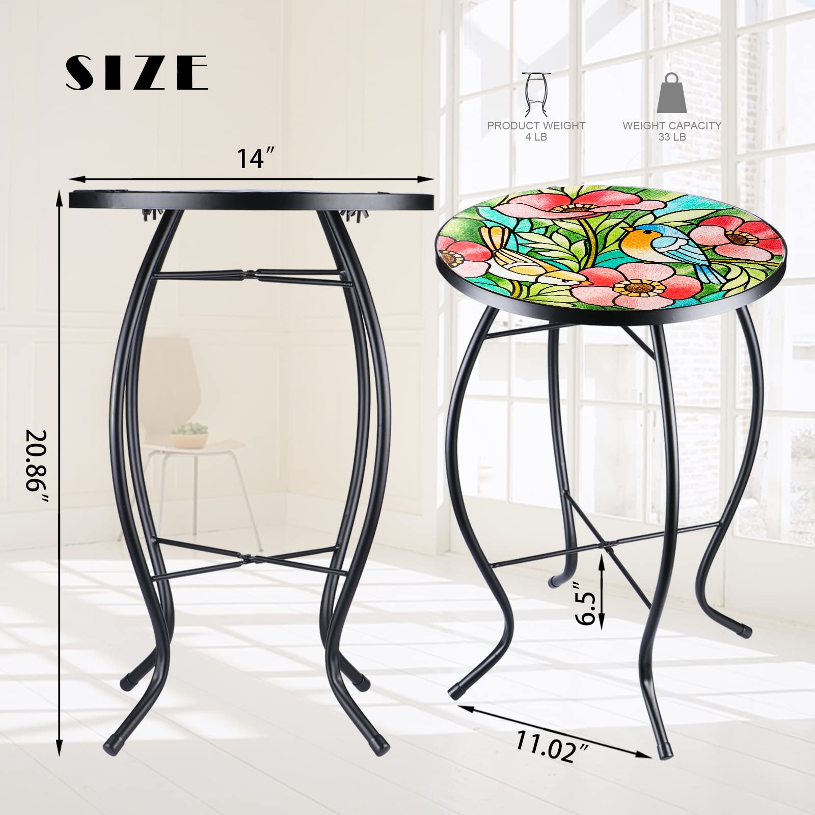 VCUTEKA Patio Side Table Outdoor Accent Table Bistro Coffee Table Plant End Table Small Porch Table Indoor Round Glass Balcony Plant Table Stands