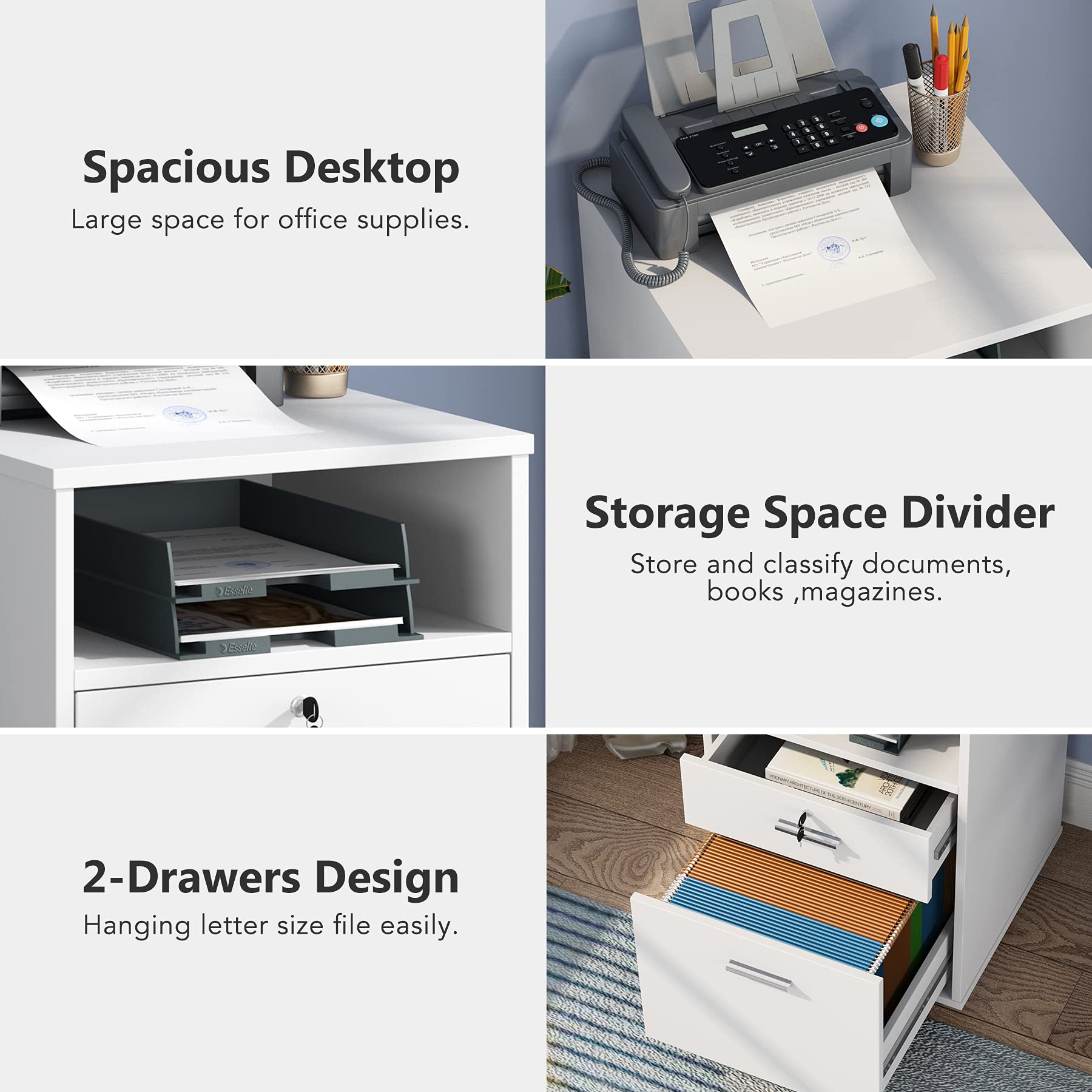 Tribesigns 2 Drawer Mobile File Cabinet with Lock, Wood Modern Filing Cabinet for Letter Size, Printer Stand with Rolling Wheels and Open Storage Shelf (White)