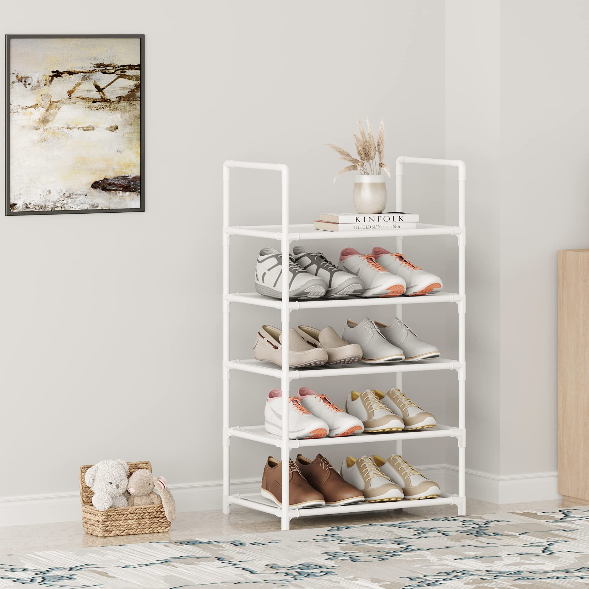 Vockot 5 Tier Stackable Small Shoe Rack,Narrow Sturdy Shoe Shelf Organizer, Non-Woven Fabric Metal Free Standing Shoe Racks for Entryway, Doorway and Closet(White)