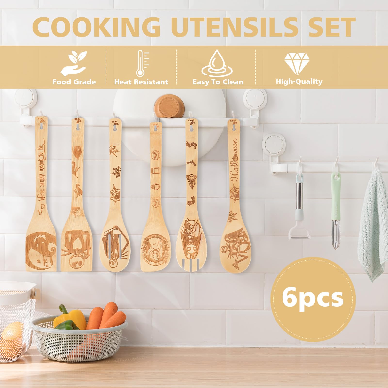 YEZZZZ 6-Piece Wooden Spoons For Cooking & Serving - Christmas Kitchen Cooking Utensils Set - Kitchen Cook Gift Box Set - Christmas Halloween Decor (Halloween-6Piece)