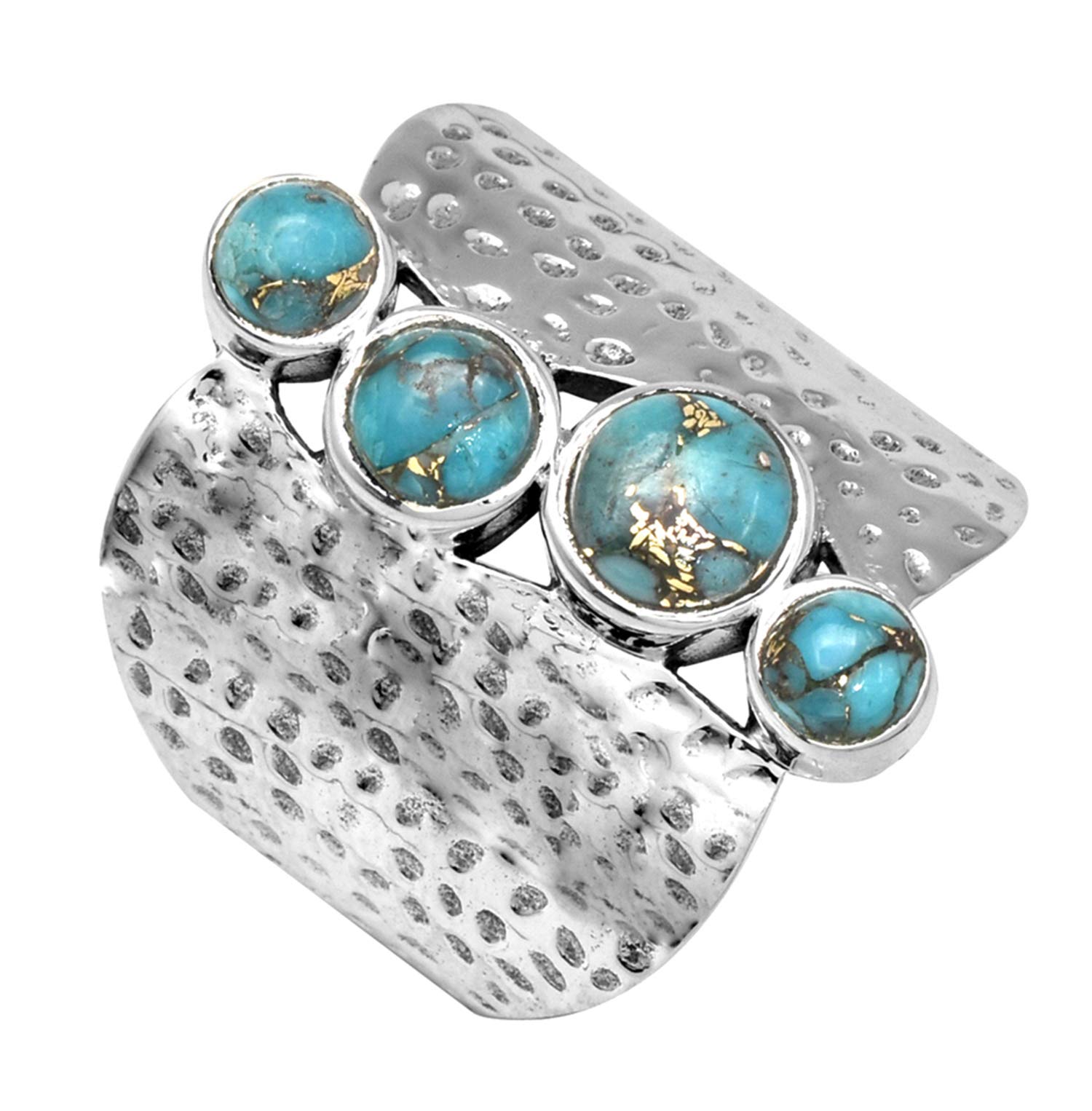 YoTreasure .925 Sterling Silver Blue Copper Turquoise Hammered Wide Band Boho Ring