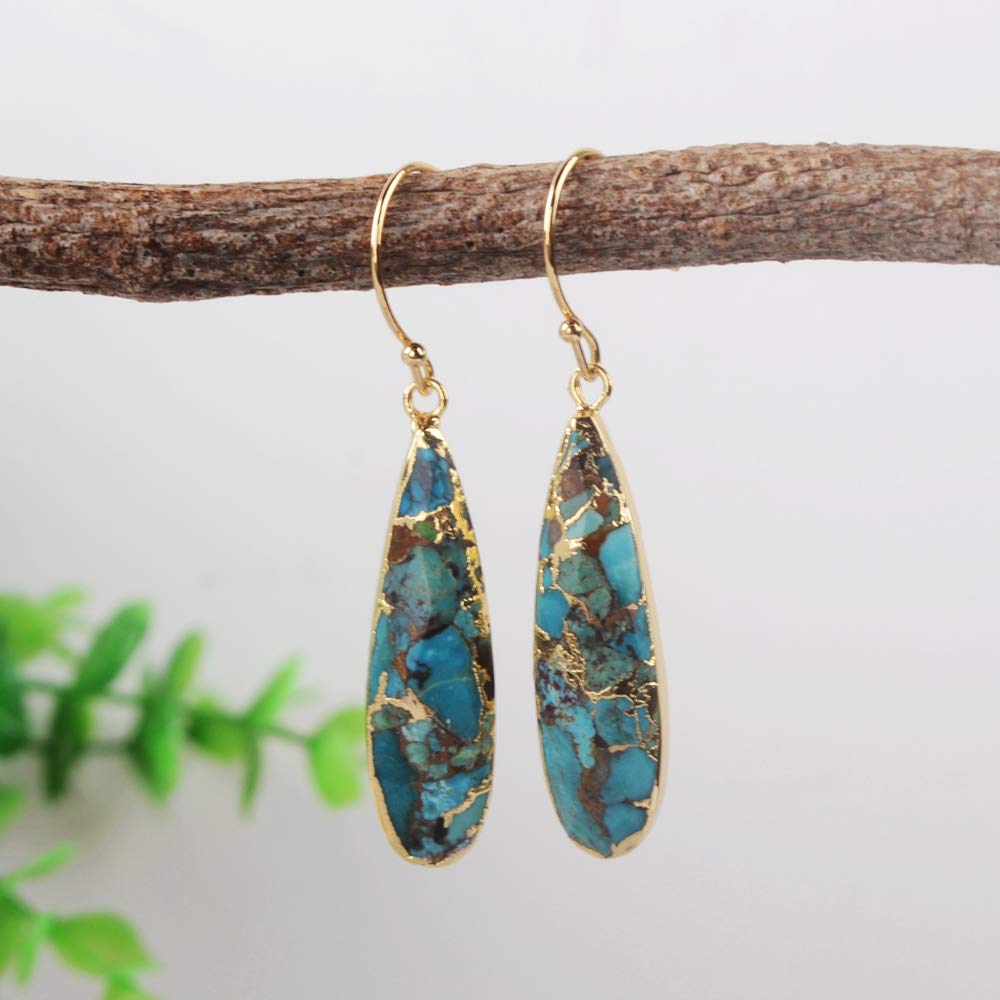 ZENGORI 1 Pair Long Teardrop Natural Turquoise with Line Fish Hook Drop Dangle Earrings G1547-E