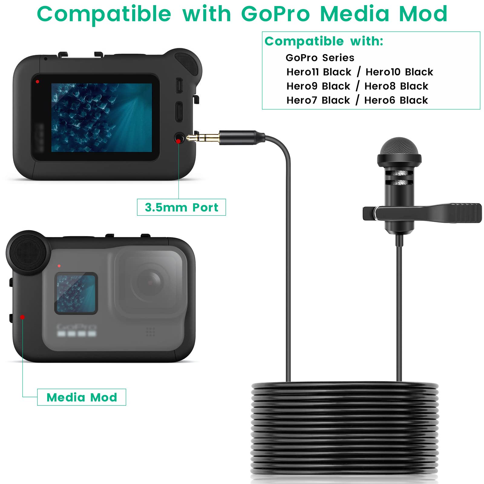 weishan Media Mod Mic for GoPro HERO11 10 9 Black Action Camera, Lavalier Lapel Videomic Clip-on Microphone Compatible with GoPro Pro 3.5mm Mic Adapter for Vlogging, 5ft