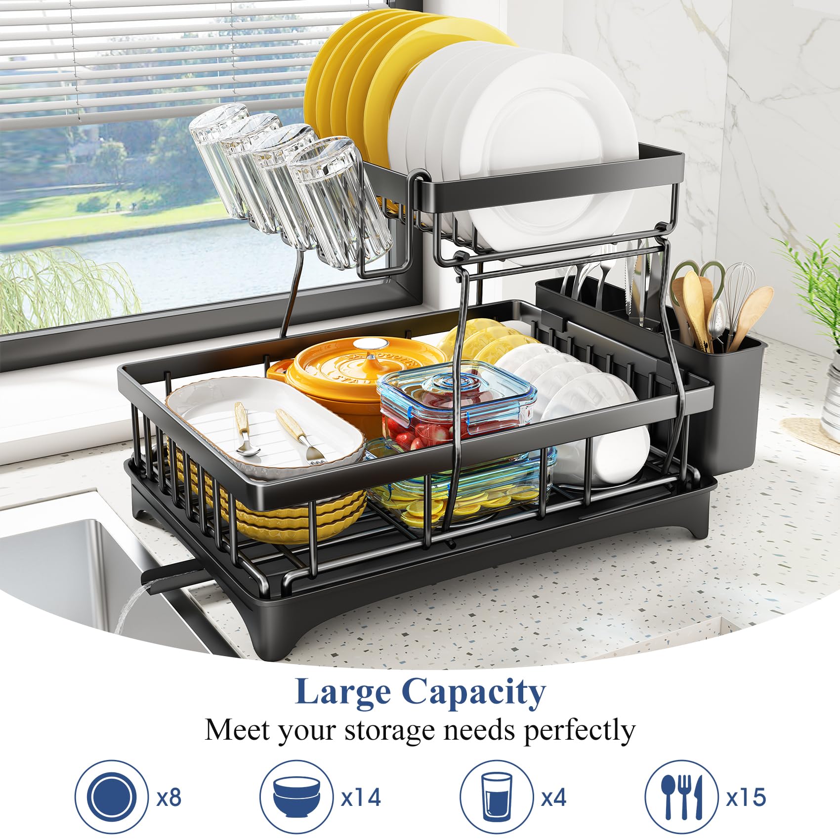SNTD Dish Drying Rack for Kitchen Counter - Large Dish Rack with Drainboard, Rustproof Dish Drainer with Utensil Holder for Sink, Black