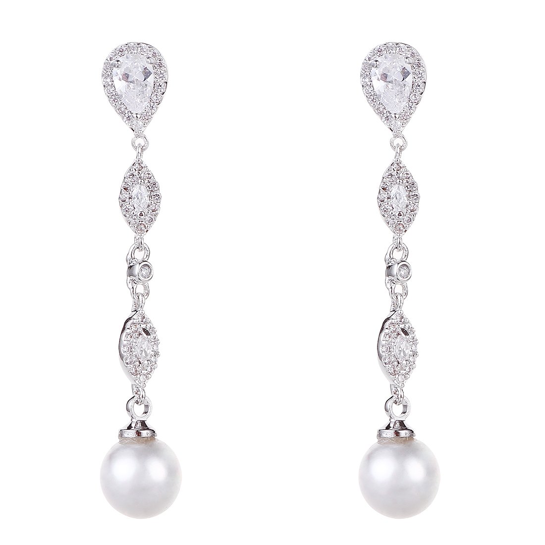 Wordless Love Pear CZ Long Wedding Earrings with Genuine Shell Pearl Drops Earrings