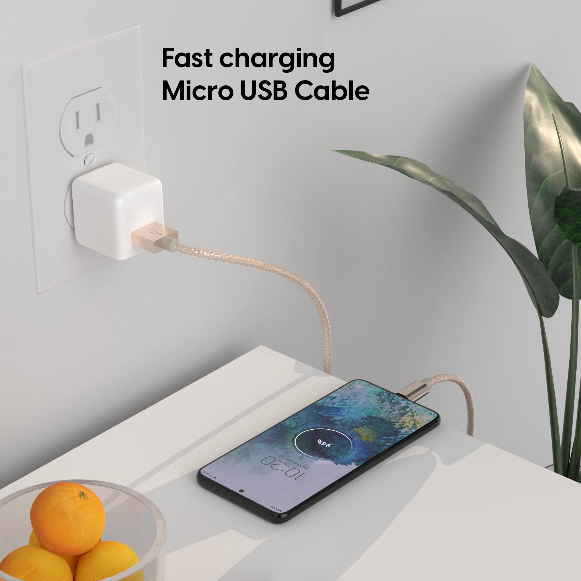 TALK WORKS Micro USB Cable 6ft Long Android Cell Phone Charger Braided Heavy Duty Fast Charging Cord for Samsung Galaxy S6 / S7, Tablet, Bluetooth Speaker, Wireless Earbuds Headphones - Silver